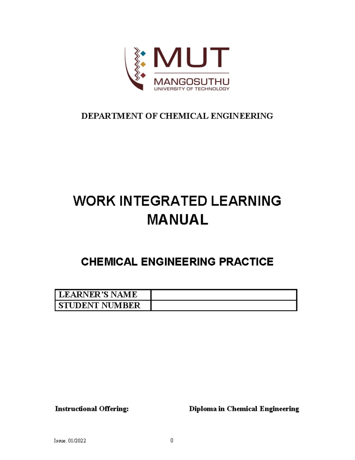 Diploma in Chemical Engineering WIL Logbook Manual - Issue 01/2022 ...