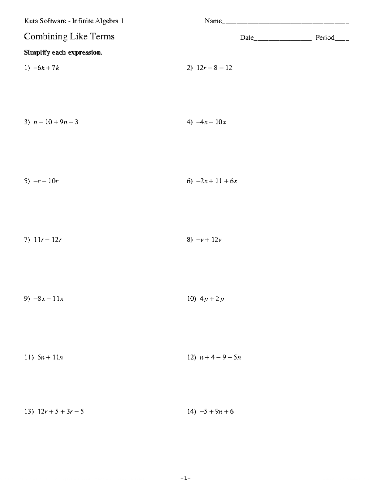 Algebra 1 Worksheet: Combining Like Terms Practice - Studocu