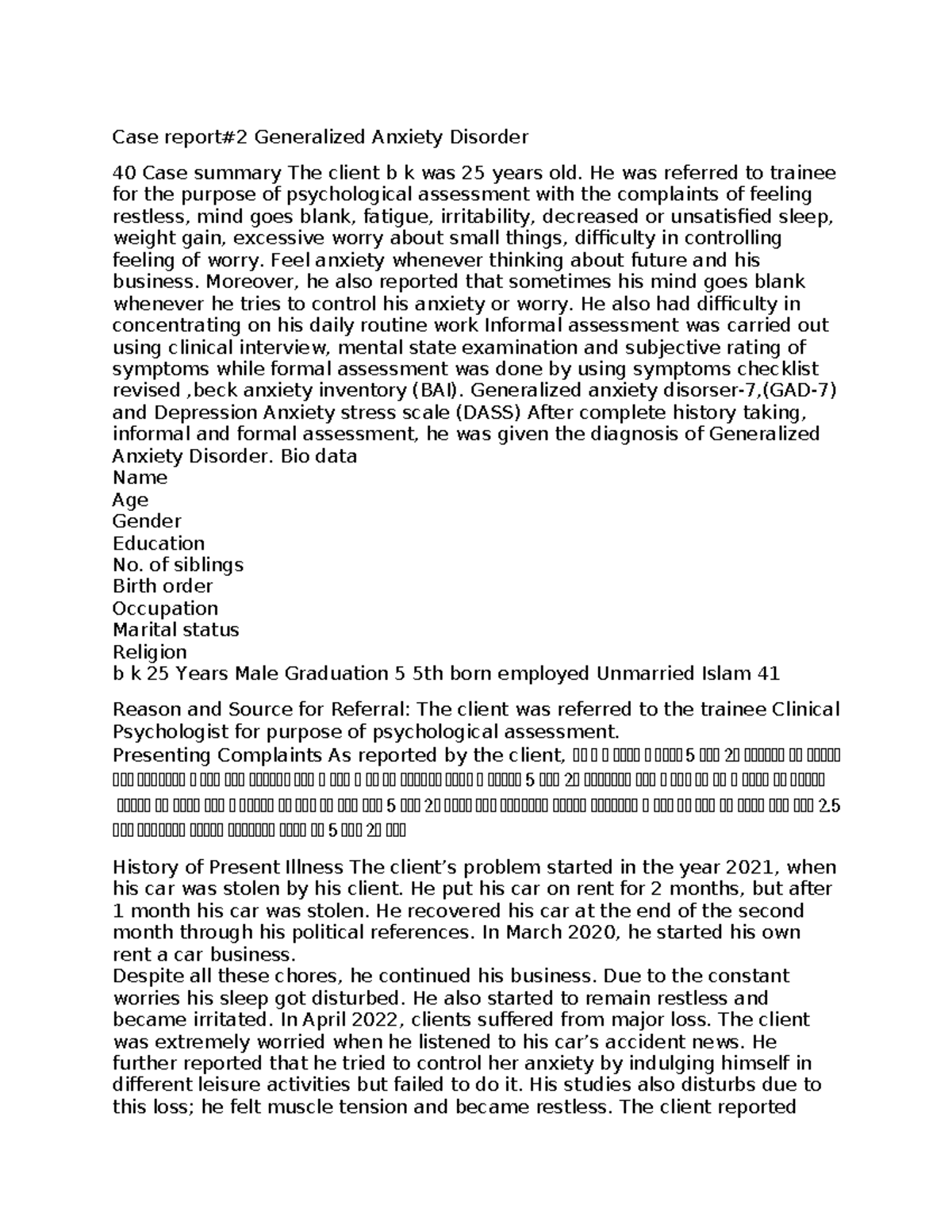 Case Study: Generalized Anxiety Disorder (GAD) - Client B.K. Analysis ...