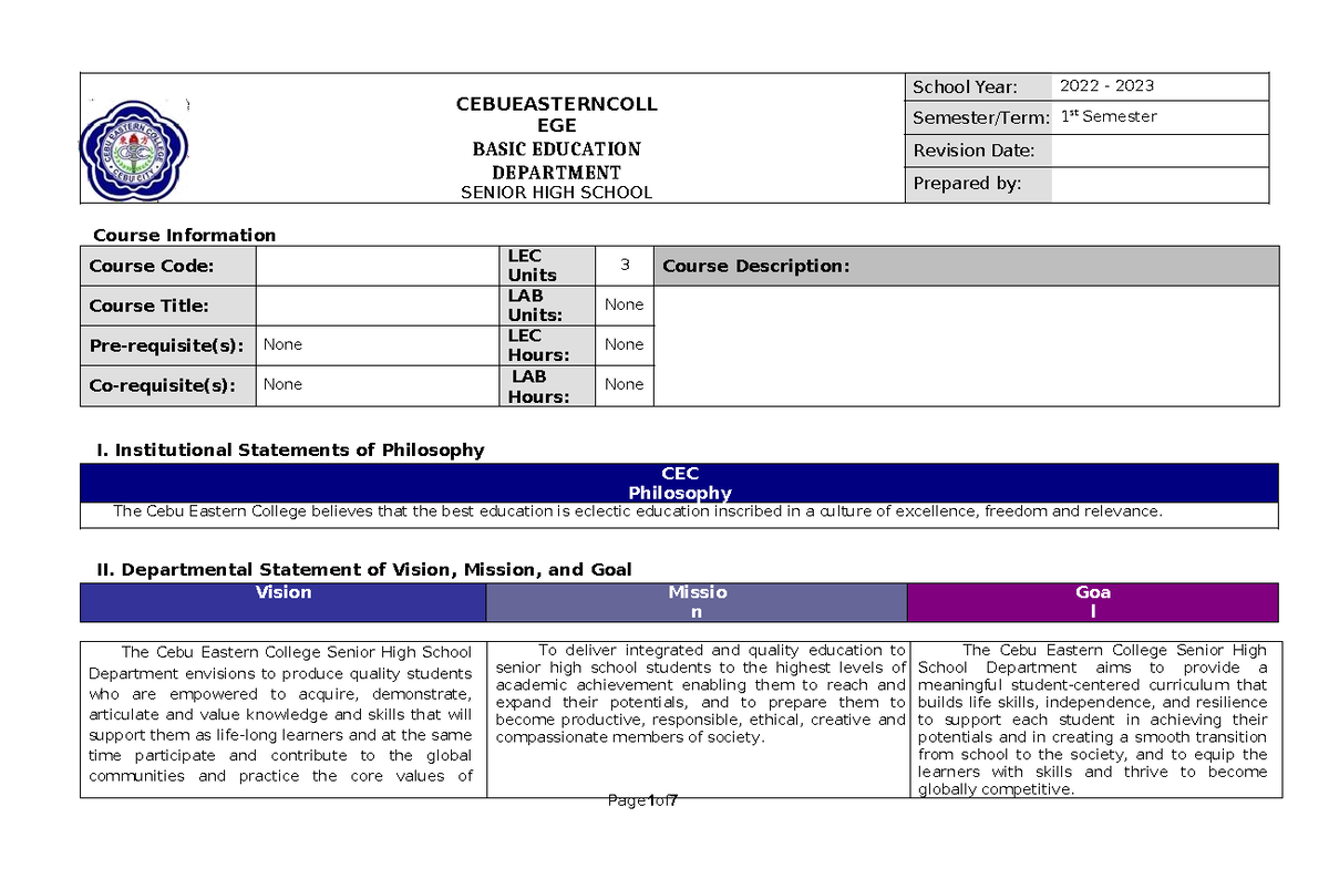 CEBUEASTERNCOLL LEC Syllabus for Senior High School 2022-2023 - Studocu