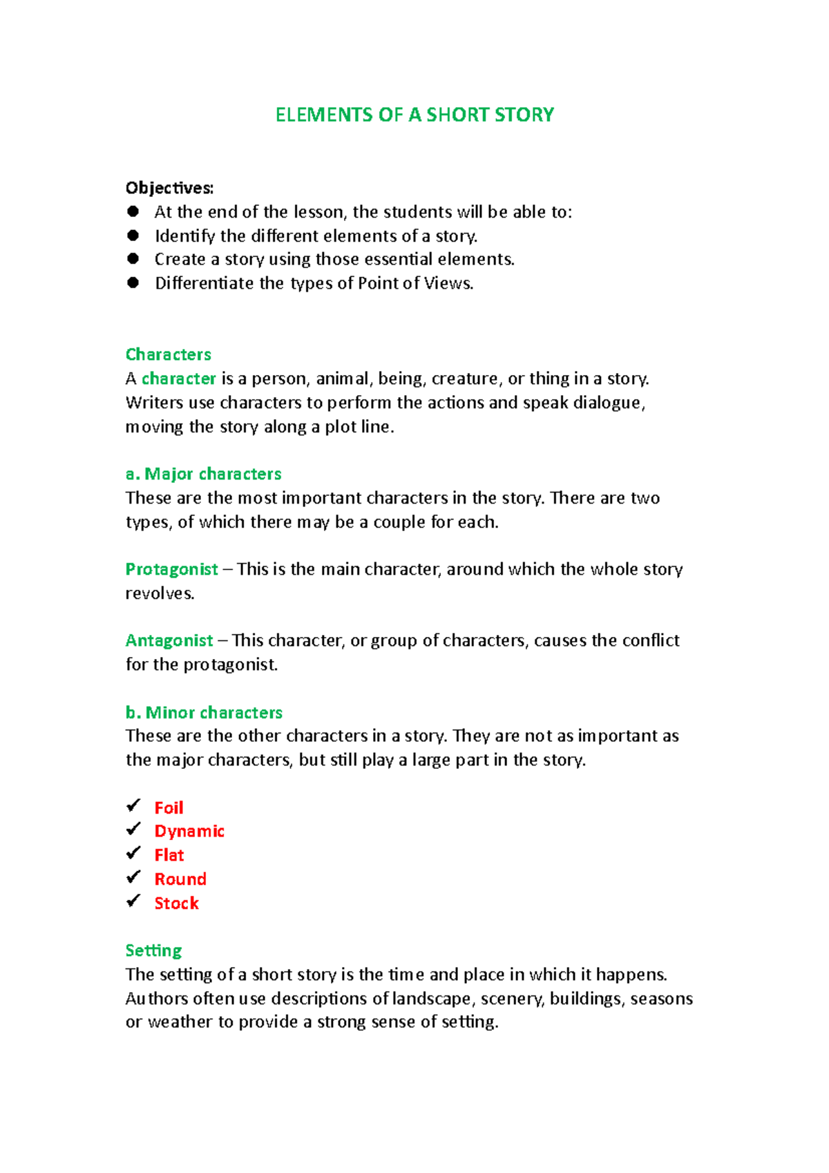 Elements of a Short story - ELEMENTS OF A SHORT STORY Objectives: At ...