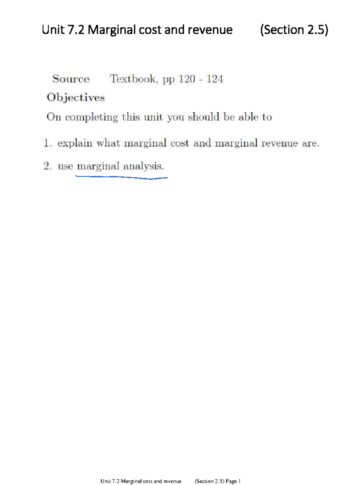 Unit 7.2 Marginal Cost and Revenue Analysis (Section 2.5) Notes - Studocu