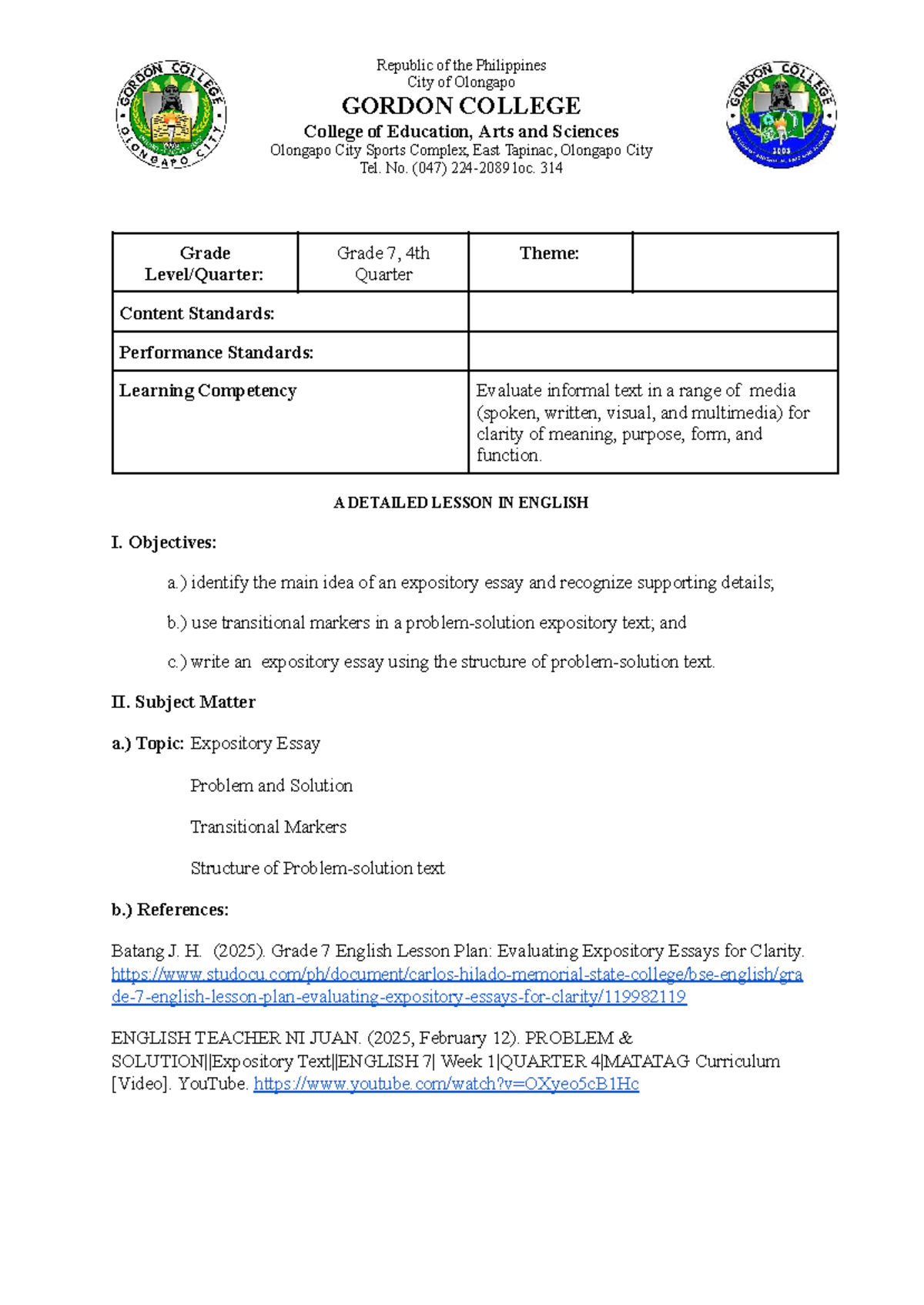 Grade 7 English Lesson Plan: Evaluating Expository Essays (4th Qtr ...