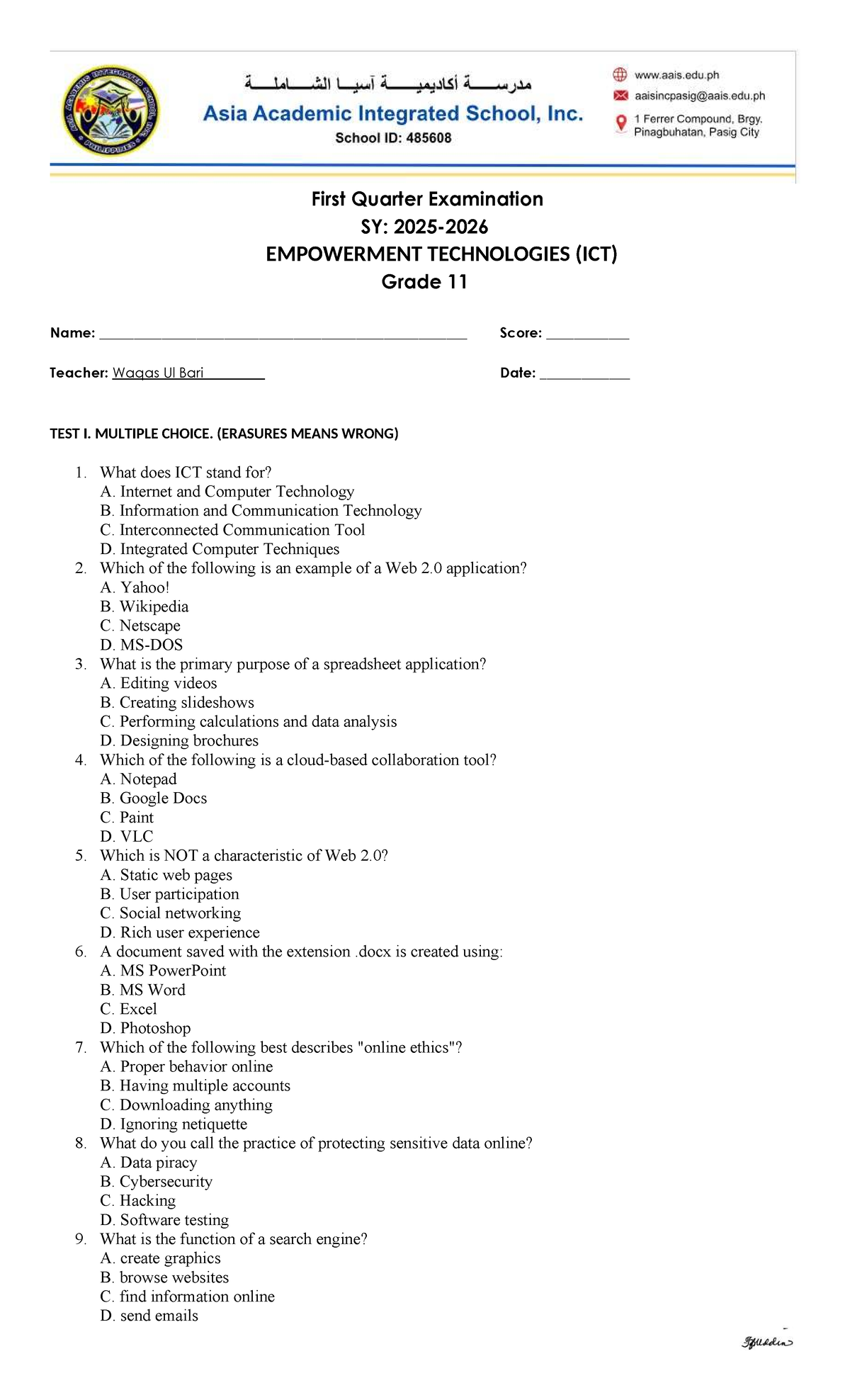 Midterm Exam Review: Empowerment Technologies (ICT) Grade 11 - Studocu