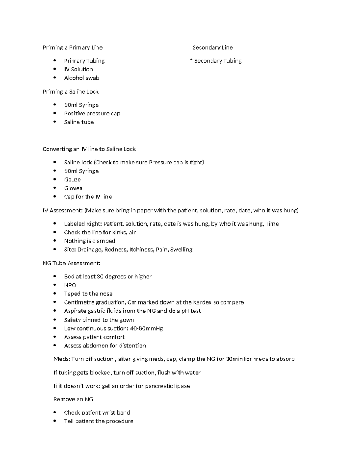 A-Priming IV Lines & NG Tube Assessment Guide - Studocu