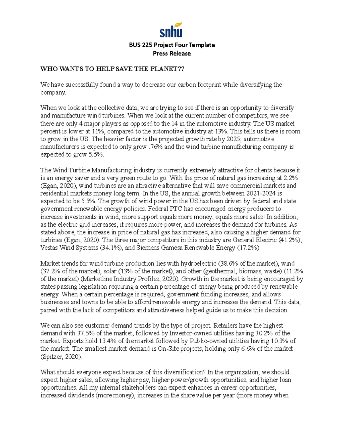 BUS 225 Project Four: Diversifying into Wind Turbine Manufacturing ...