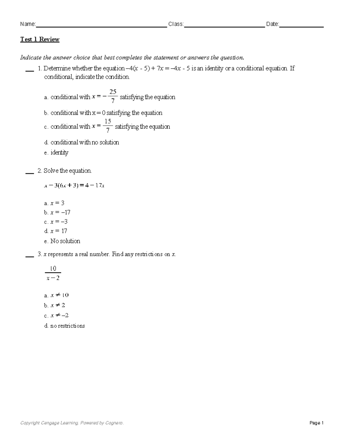 Test 1 Review: Equations, Inequalities, and Solutions for [Course Code ...