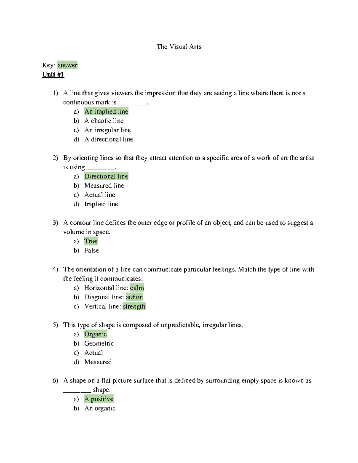 The Visual Arts Practice Questions - The Visual Arts Key: answer Unit ...