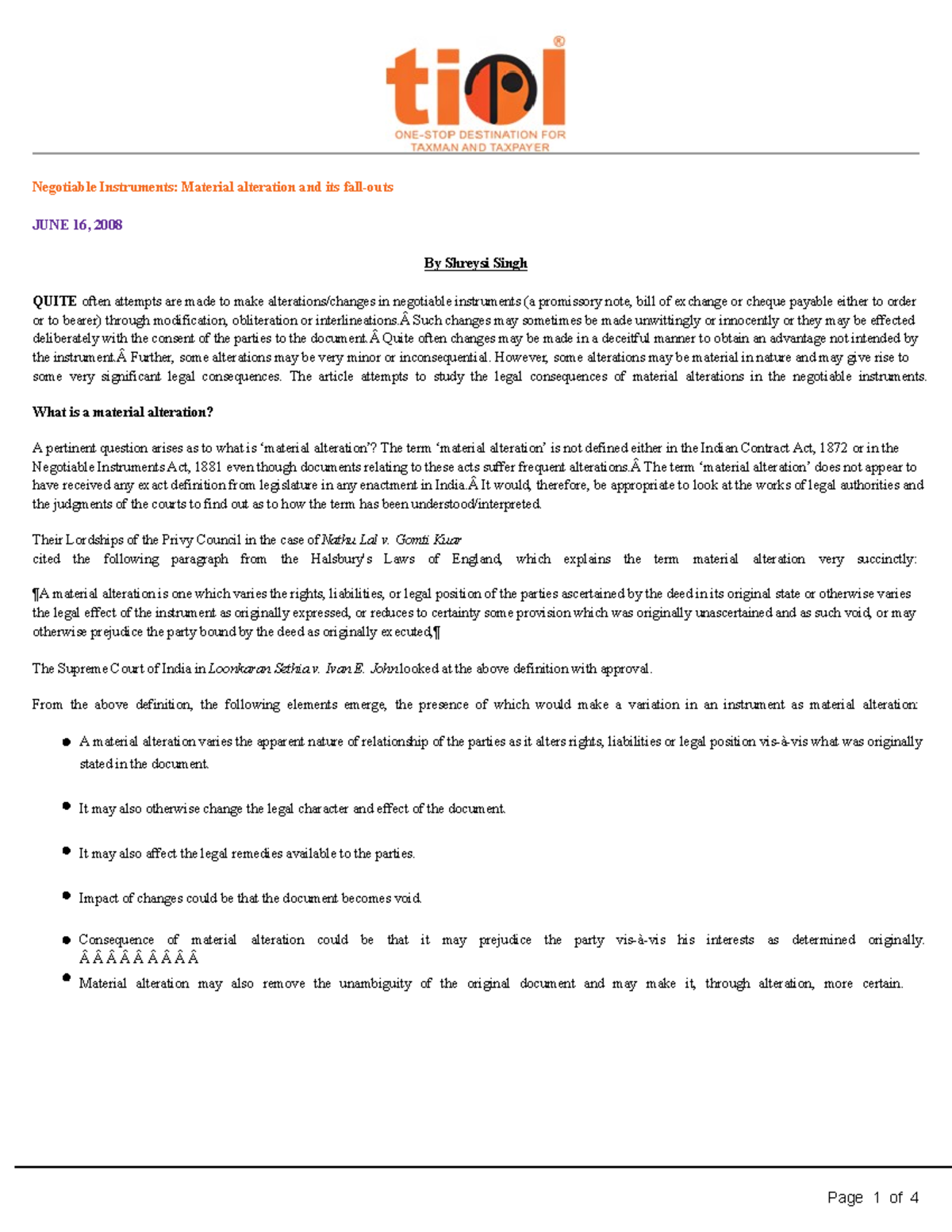 Negotiable Instruments: Material Alteration & Legal Consequences - Studocu