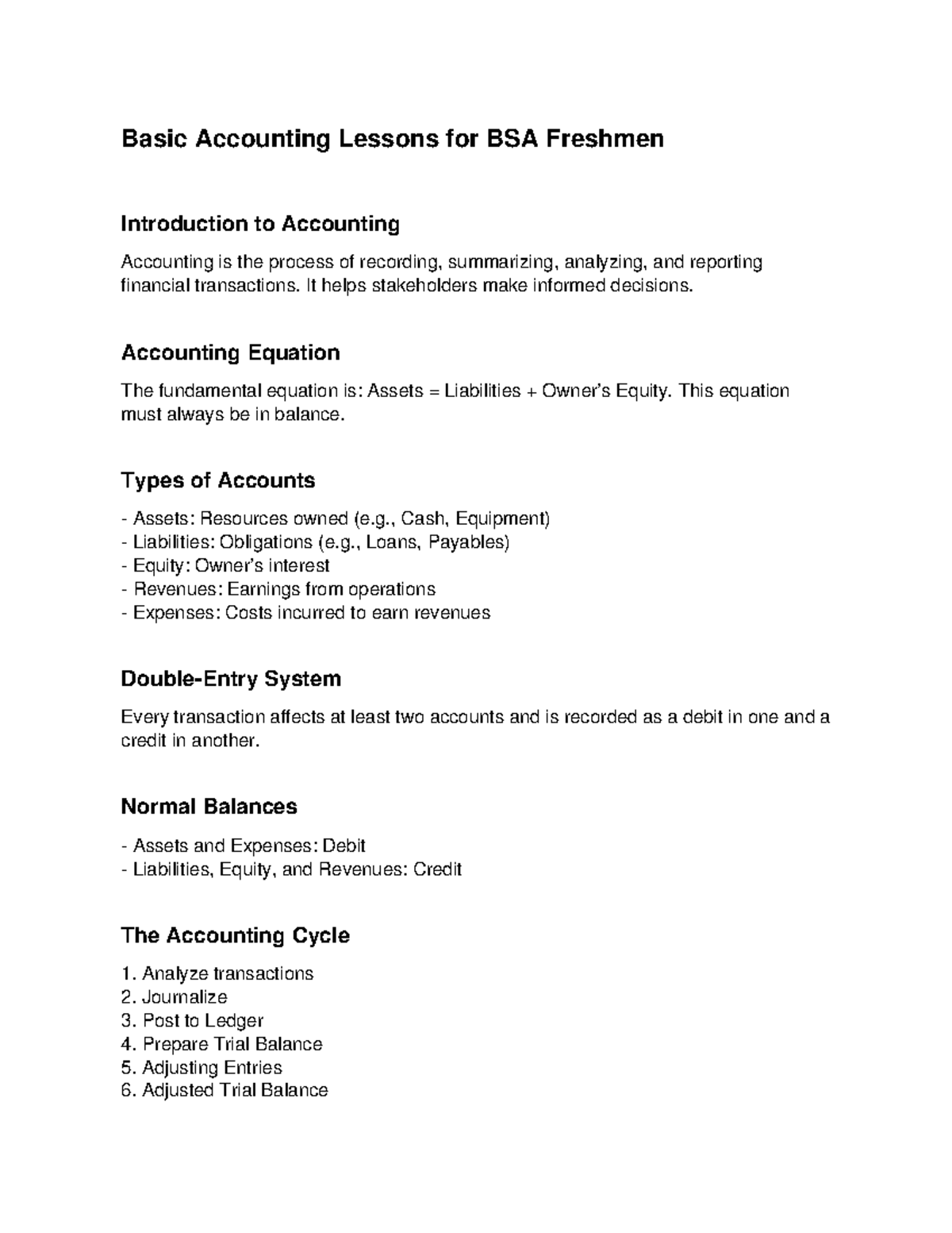BSA101: Basic Accounting Lessons for Freshmen - Studocu