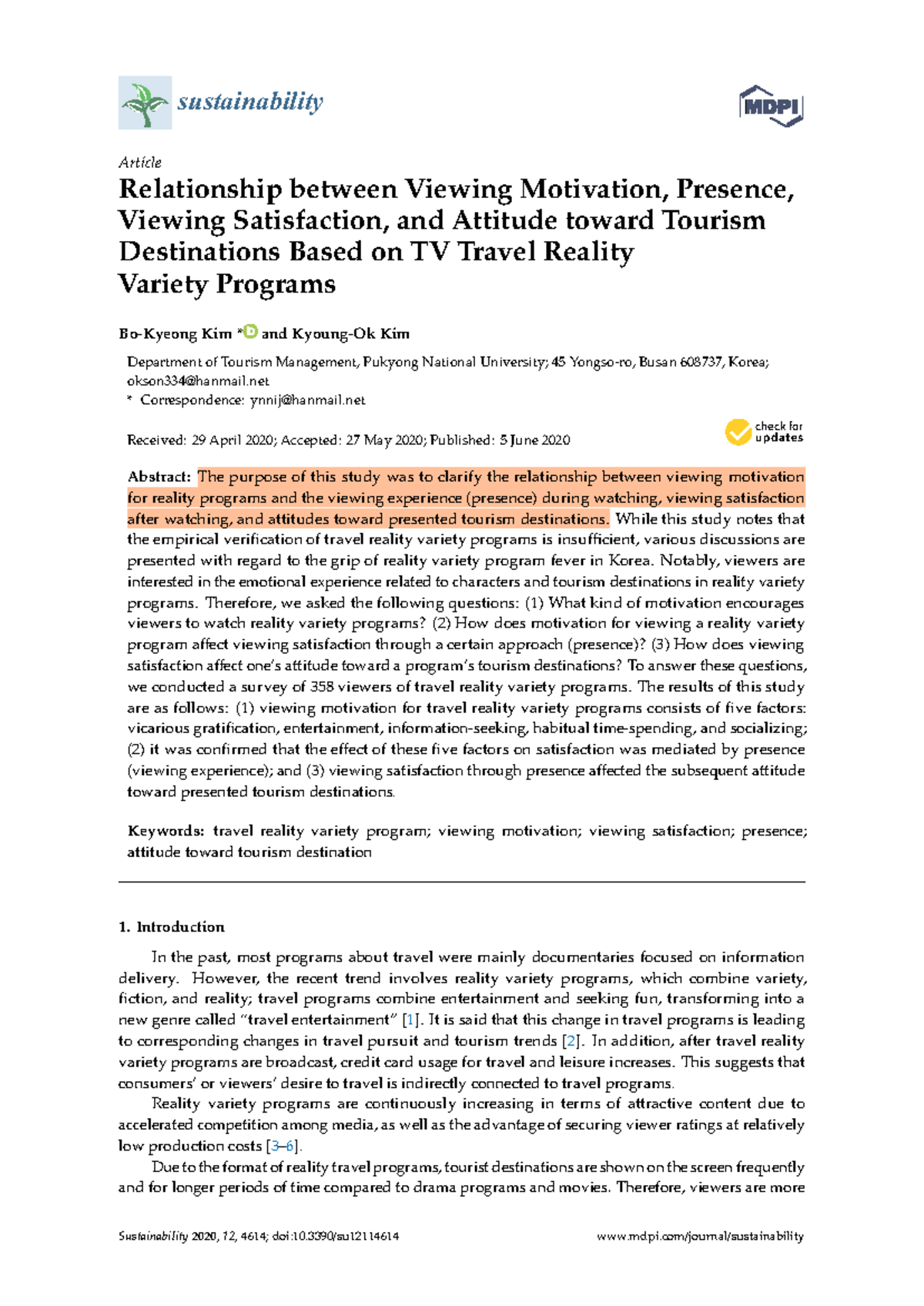 Sustainability 2020: Viewing Motivation and Satisfaction in Travel ...