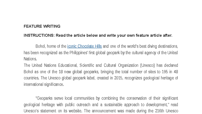 Feature Writing Instructions: Bohol's UNESCO Global Geopark Recognition ...