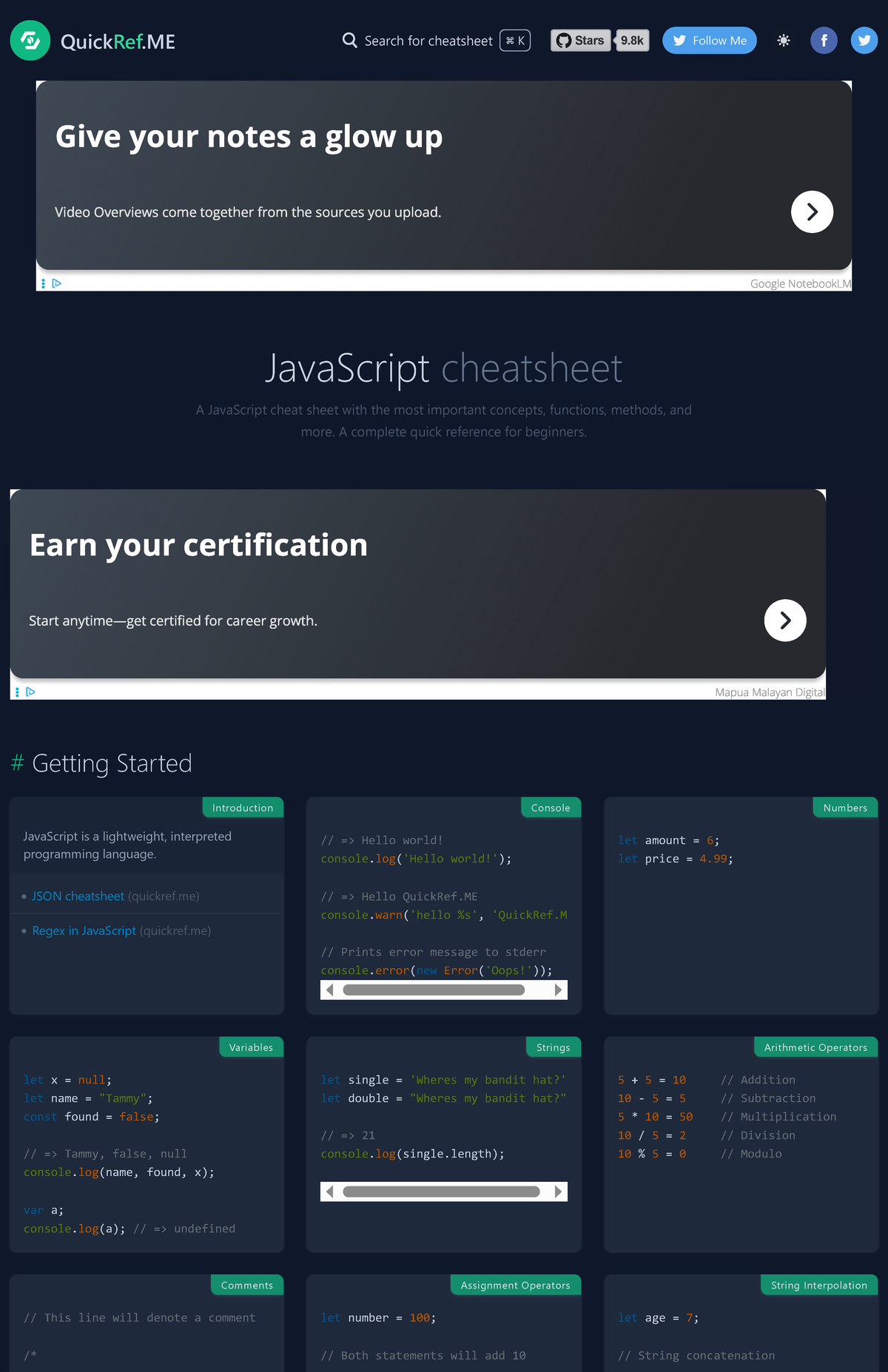 JavaScript Cheat Sheet & Quick Reference (v9.8k) - Studocu