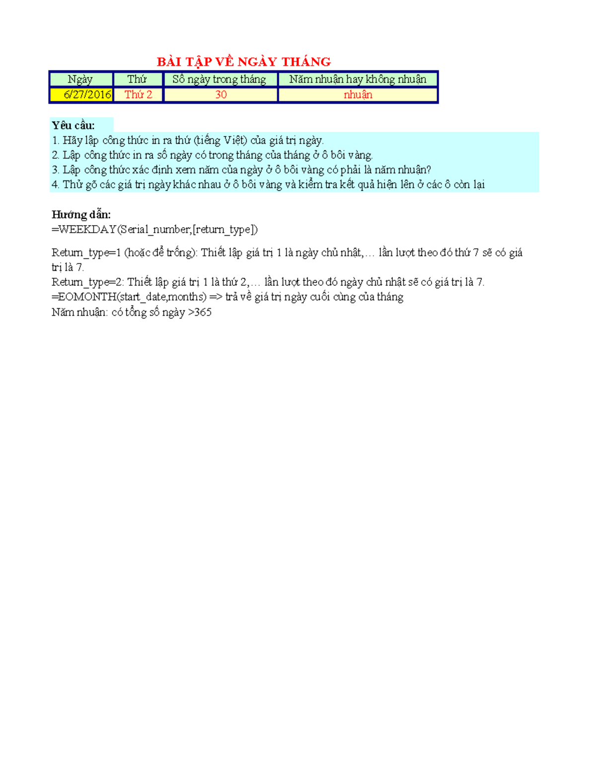 BÀI TẬP VỀ NGÀY THÁNG - DAP AN BAI 1 EXCEL - Studocu