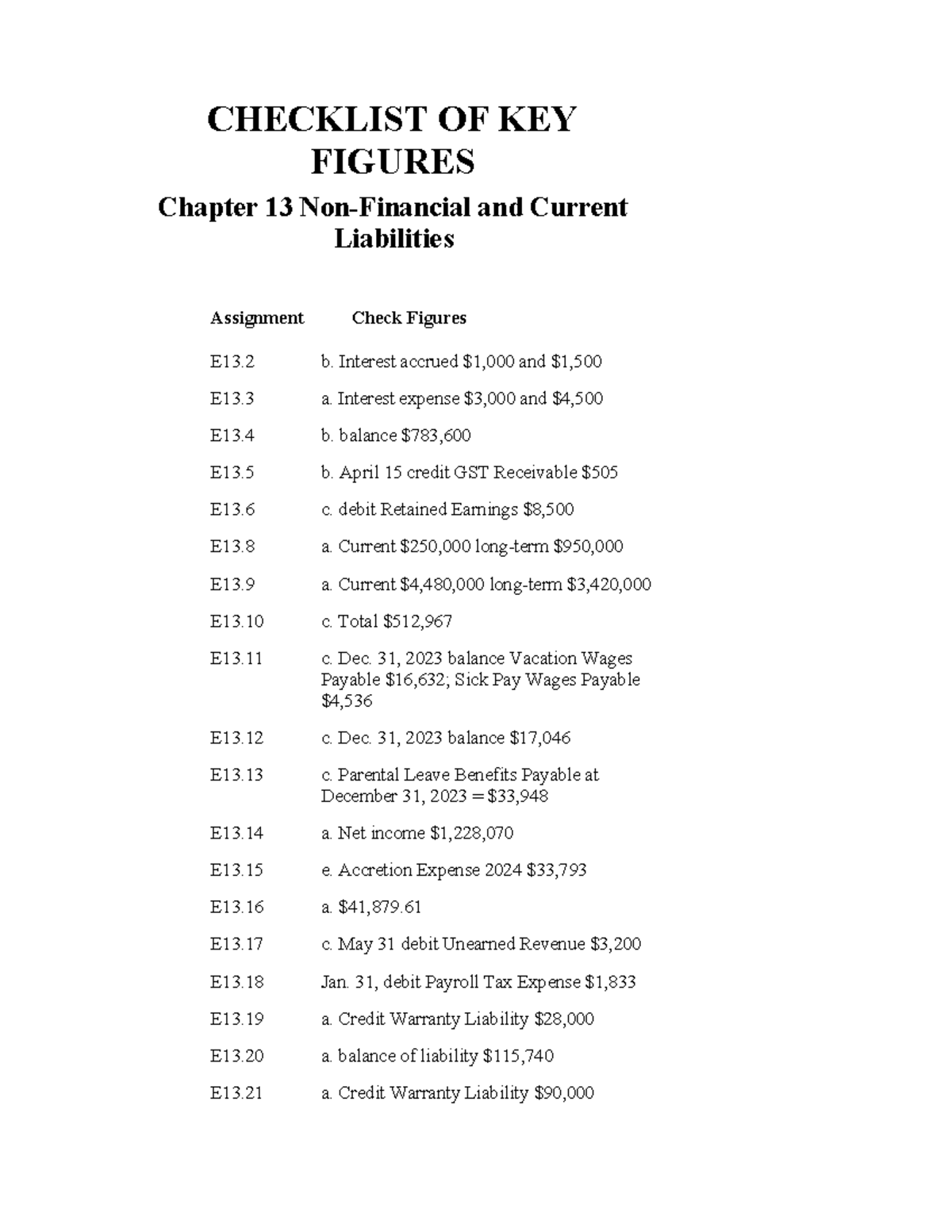 Chapter 13 Checklist of Key Figures for Current Liabilities - Studocu