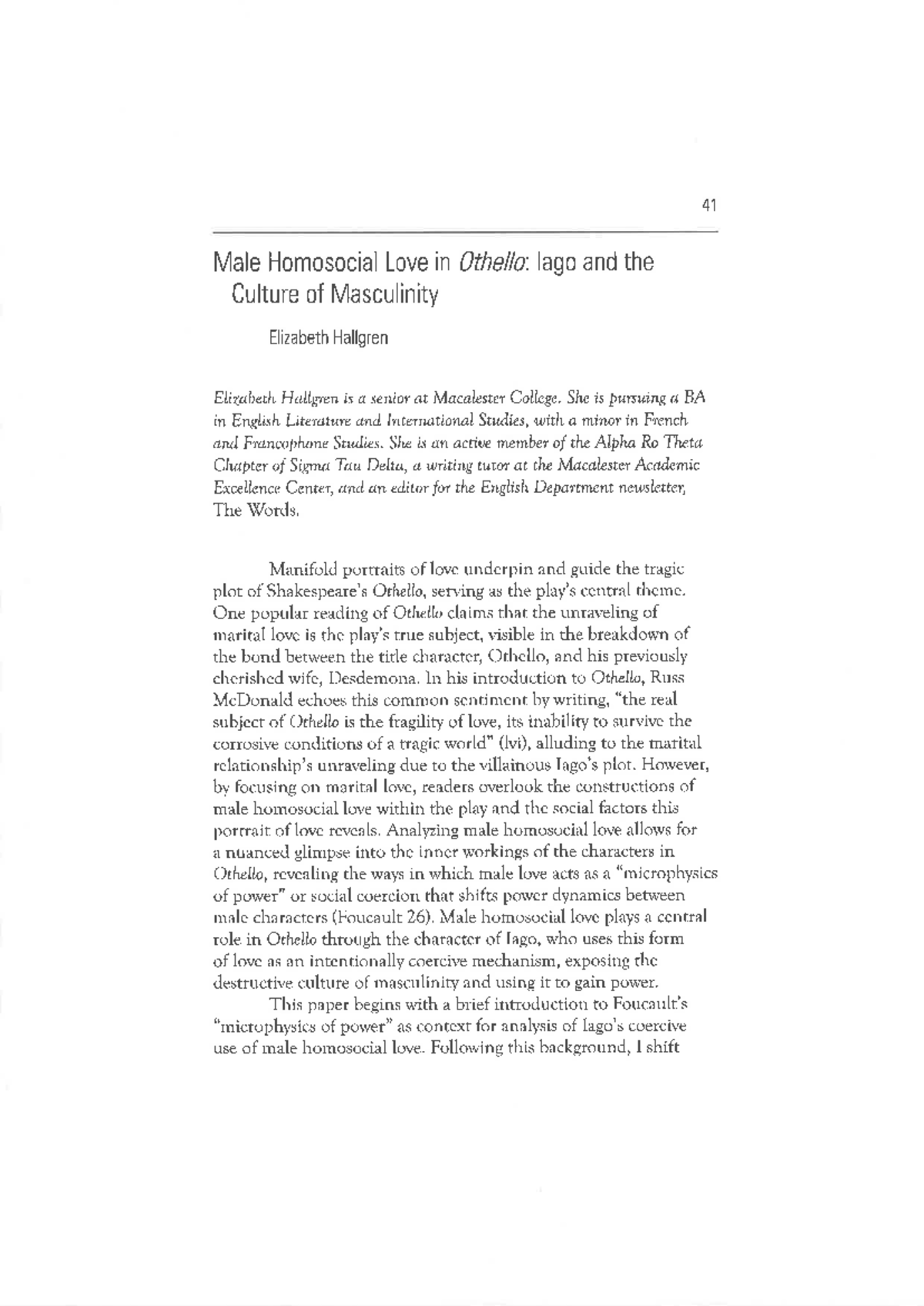 41 ENG 101 Essay: Male Homosocial Love and Masculinity in Othello - Studocu