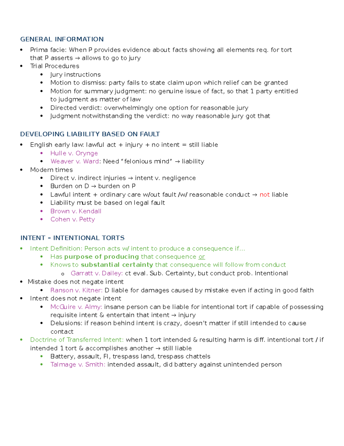 Torts Outline: Key Concepts and Case Law Analysis - Studocu