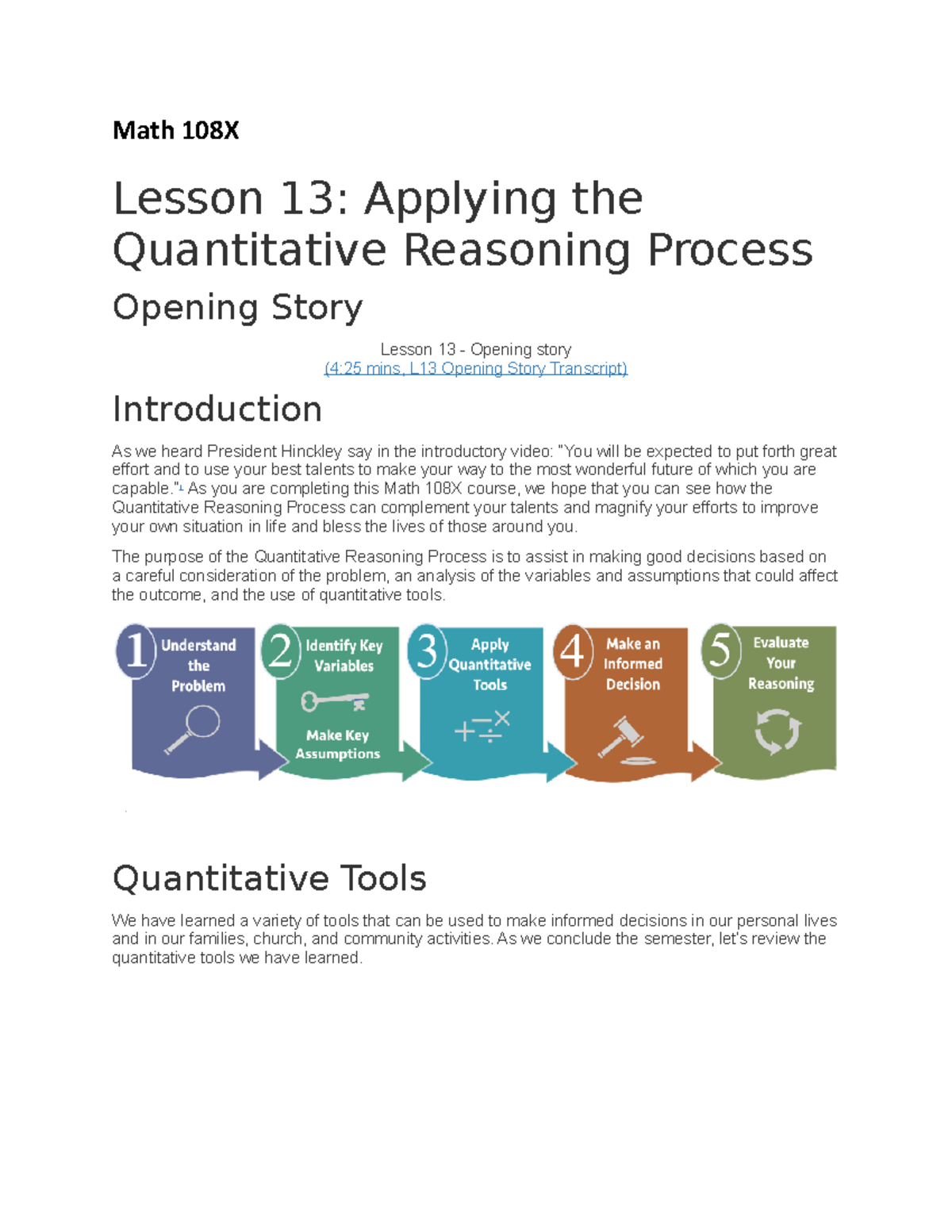 Math 108X Lesson 13 Applying the Quantitative Reasoning Process - Math 108X Lesson 13: Applying ...