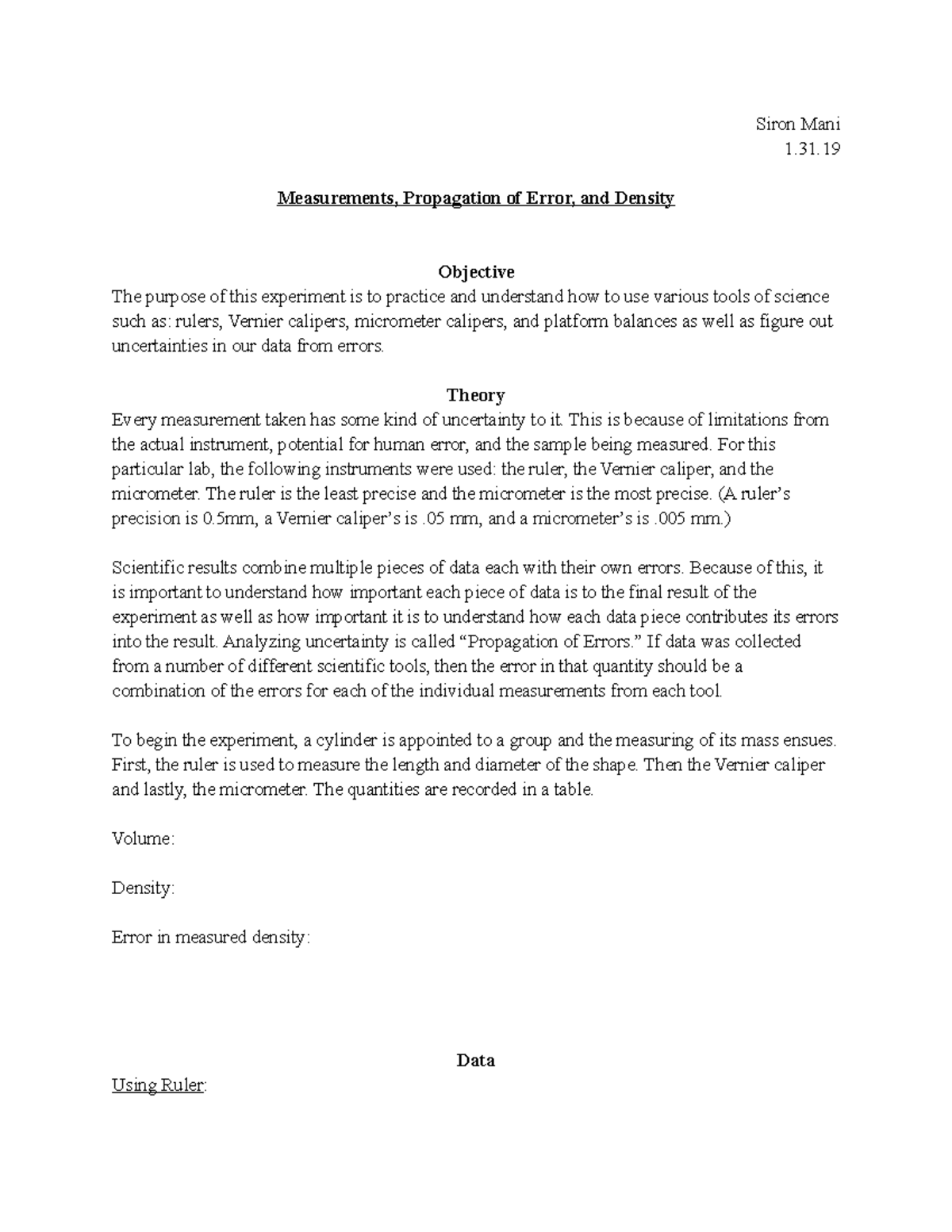 Physics lab report 1 measurements - Siron Mani 1. Measurements ...