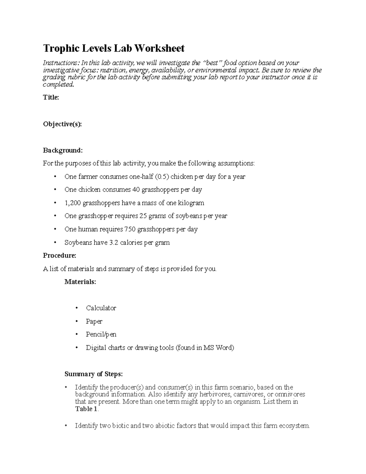 Trophic Levels Lab Report: Evaluating Food Options (Bio 101) - Studocu