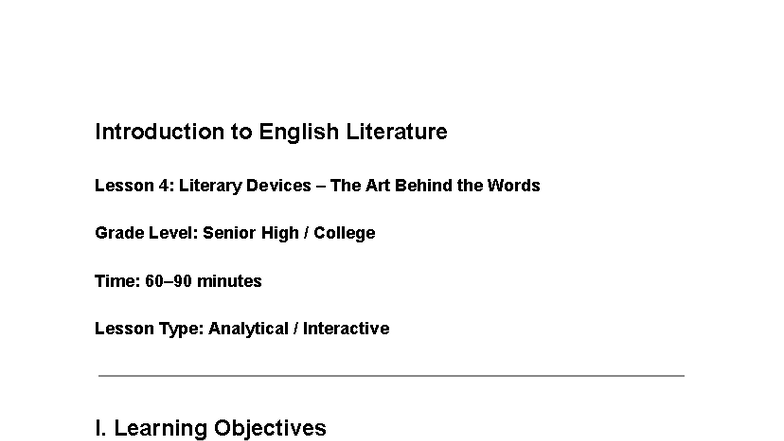 English Literature 12: Lesson 4 - Exploring Literary Devices - Studocu