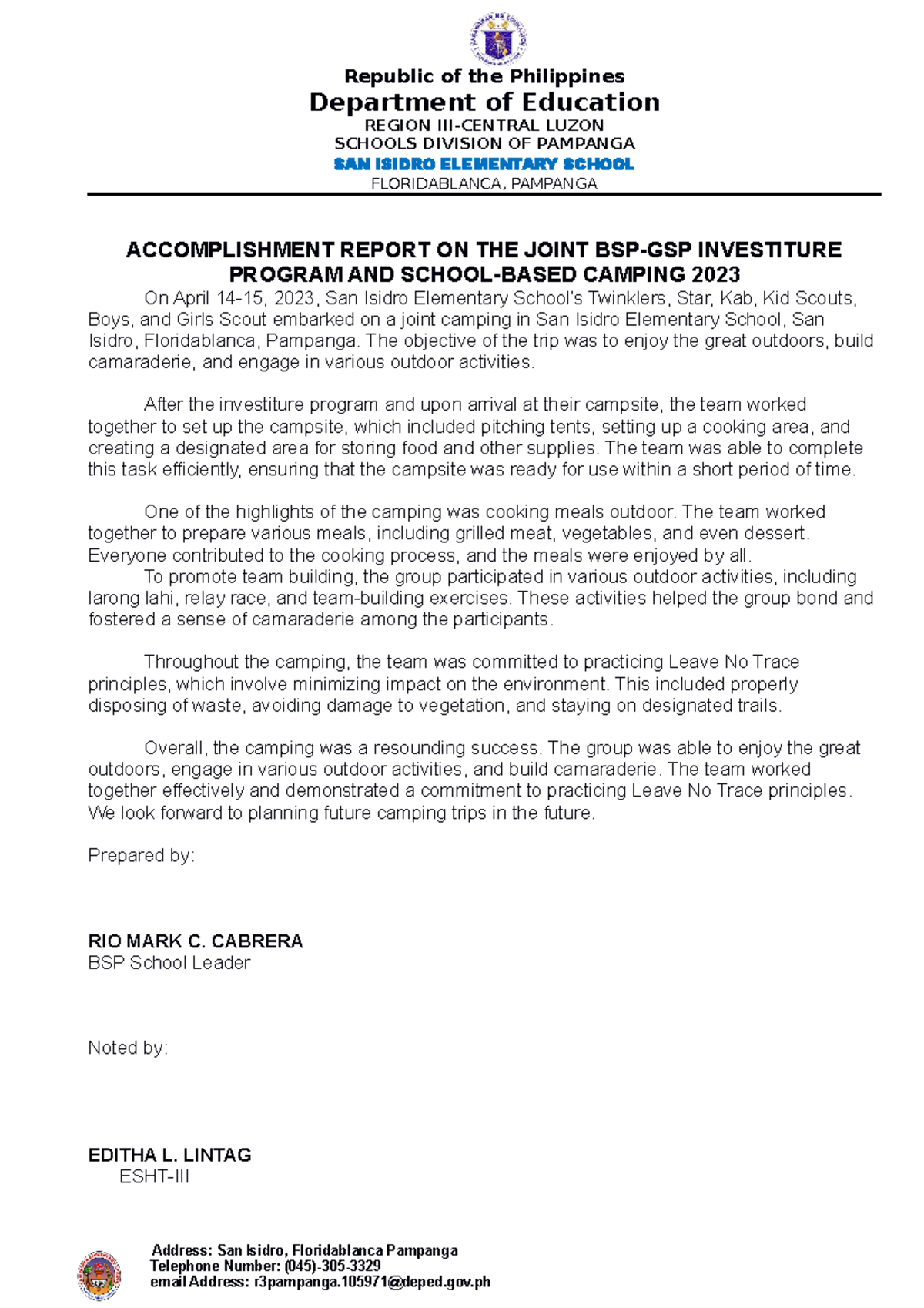 BSP-GSP Joint Camping Accomplishment Report 2023 at San Isidro ES - Studocu