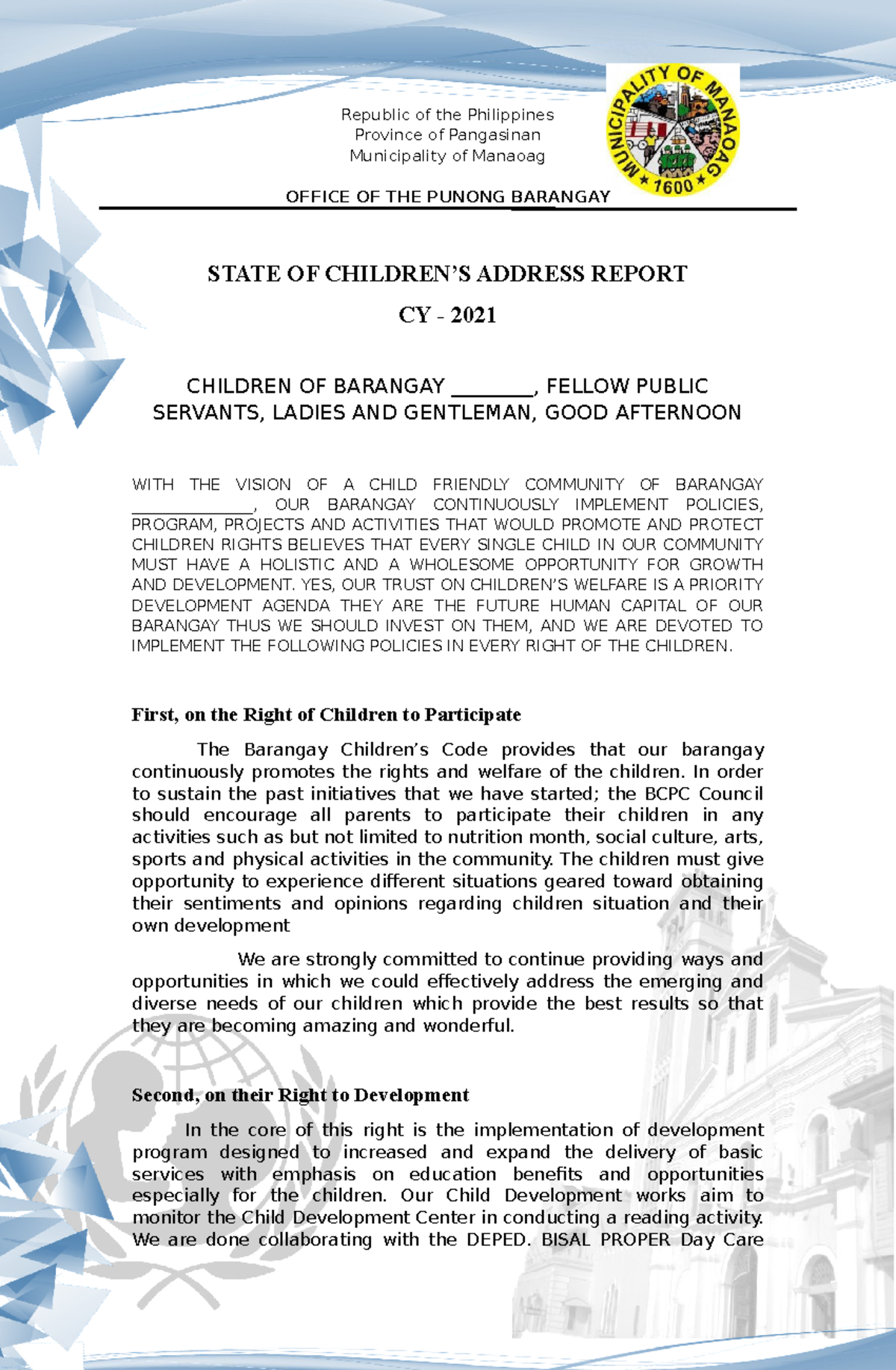 State of Children's Address Report 2021 - Barangay Manaoag - Studocu
