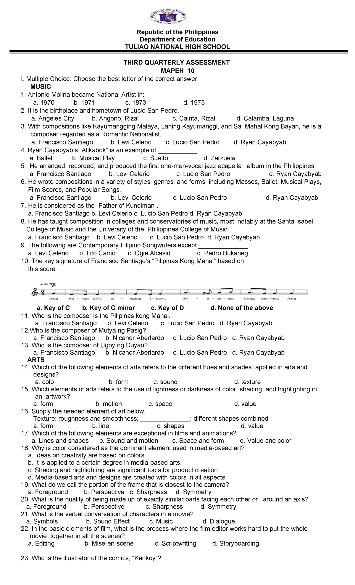 Assessment EXAM. with key answer - Republic of the Philippines ...