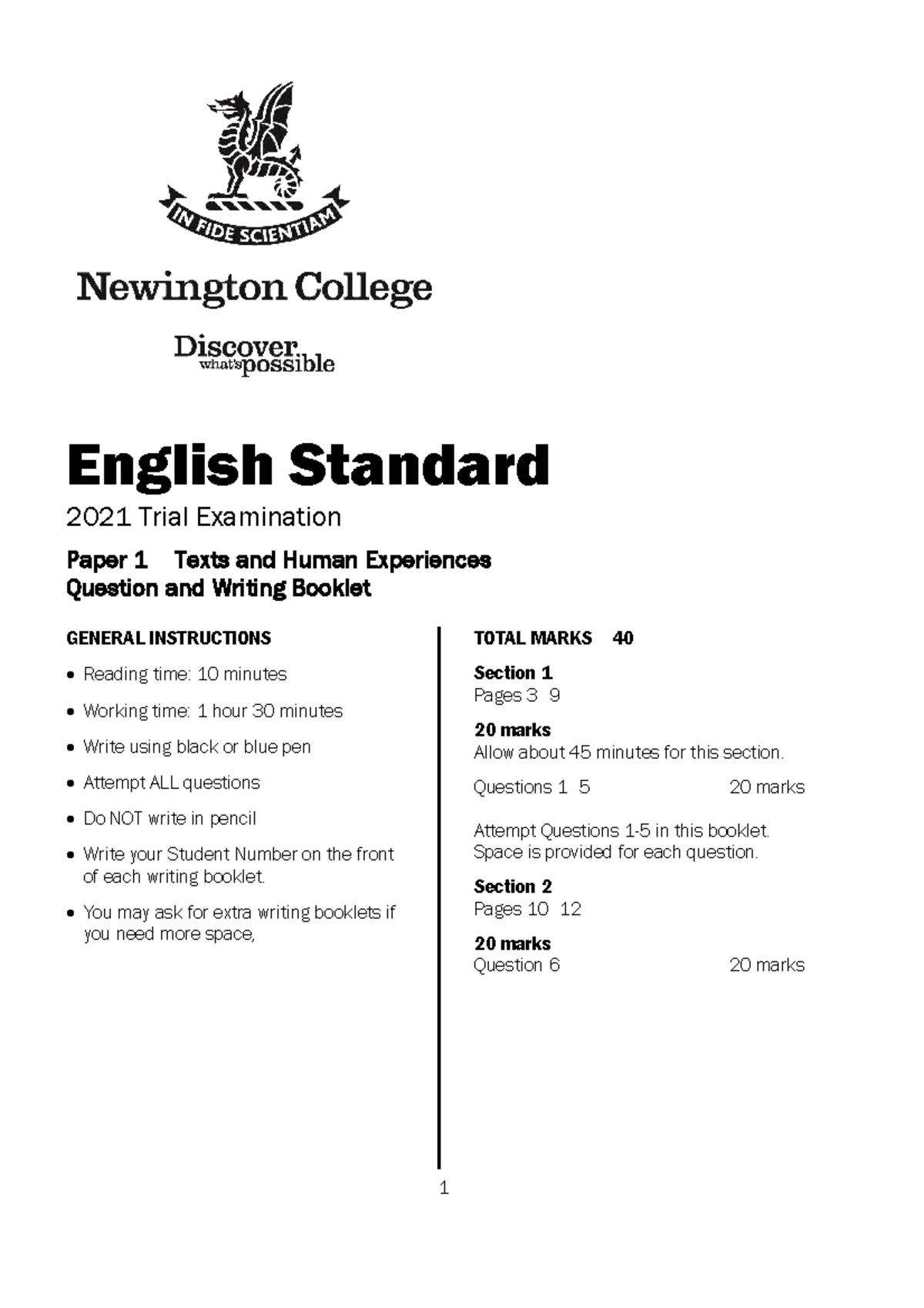 Newington 2021 English Standard Trial Exam Paper 1: Texts & Human ...