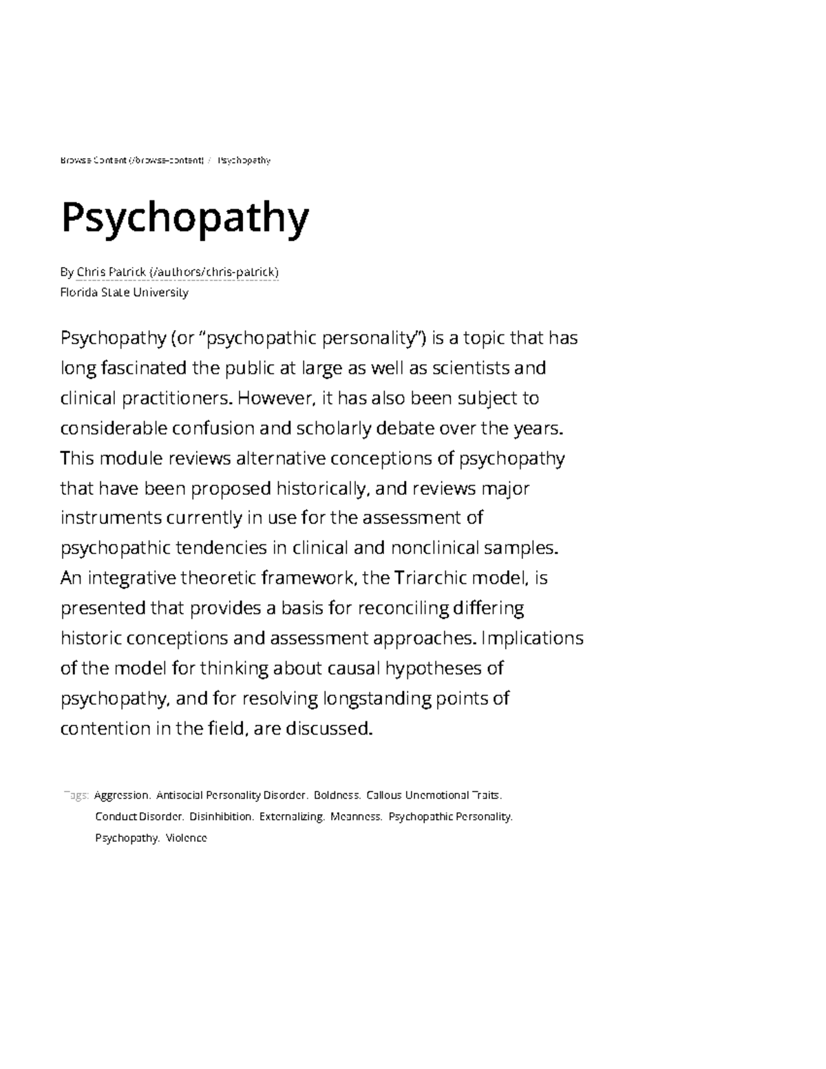 Understanding Psychopathy: A Comprehensive Review and the Triarchic ...