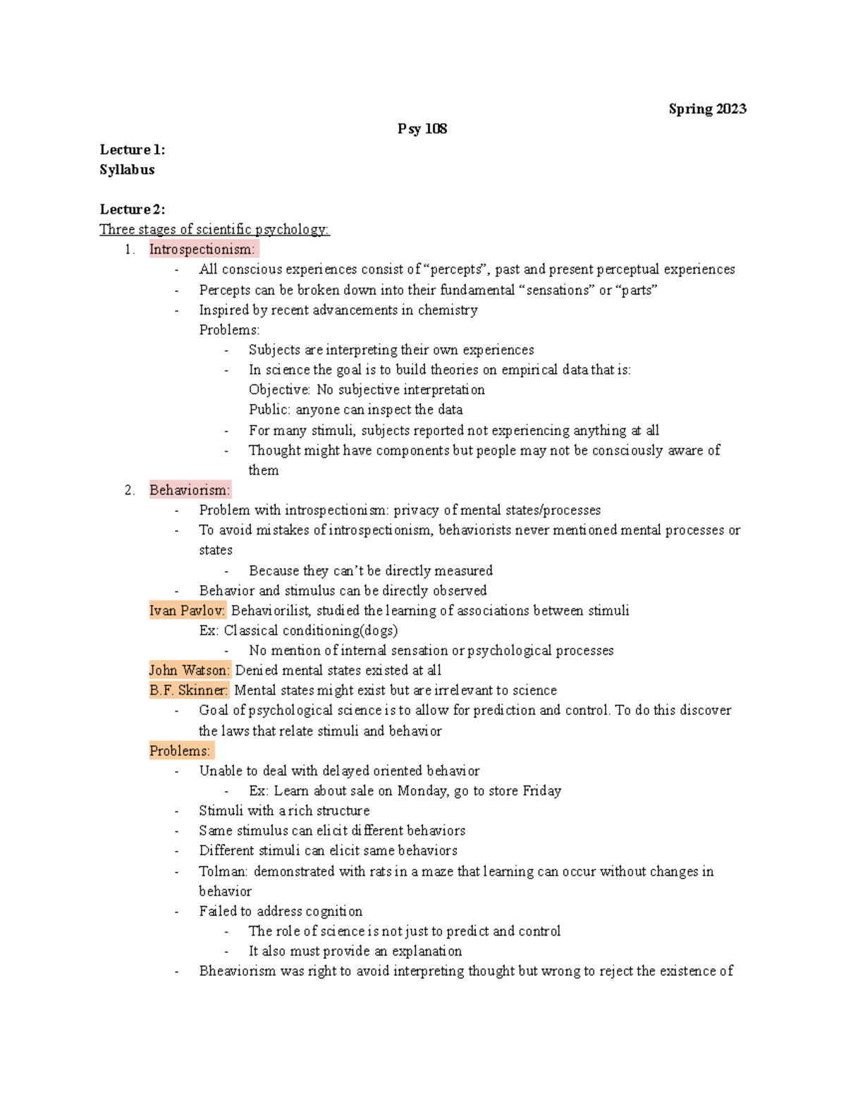 Psy 108 Cognitive Psychology Lecture Notes Pre Midterm 1 - Spring 2023 ...