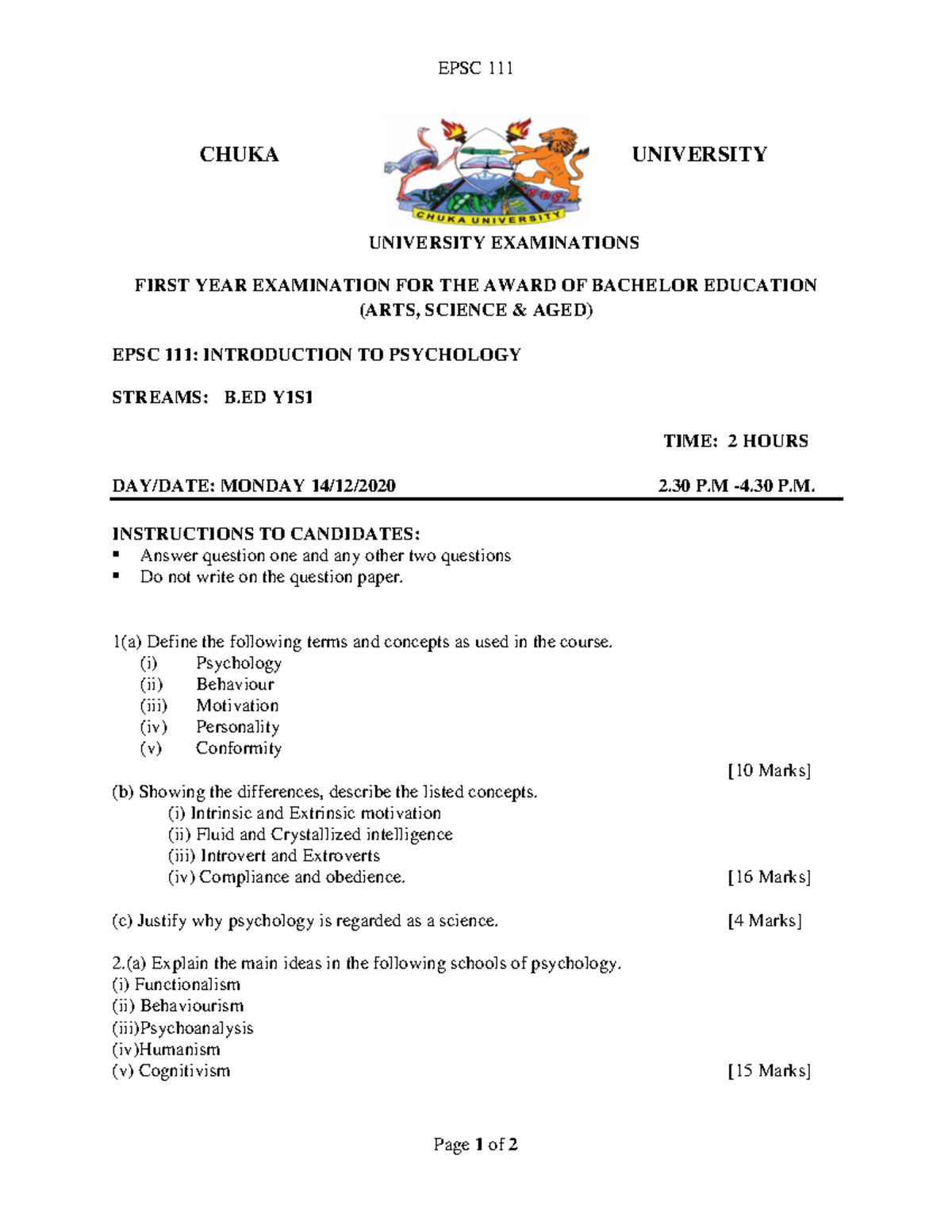 EPSC 111 - Introduction to Psychology Exam Revision Notes - Studocu