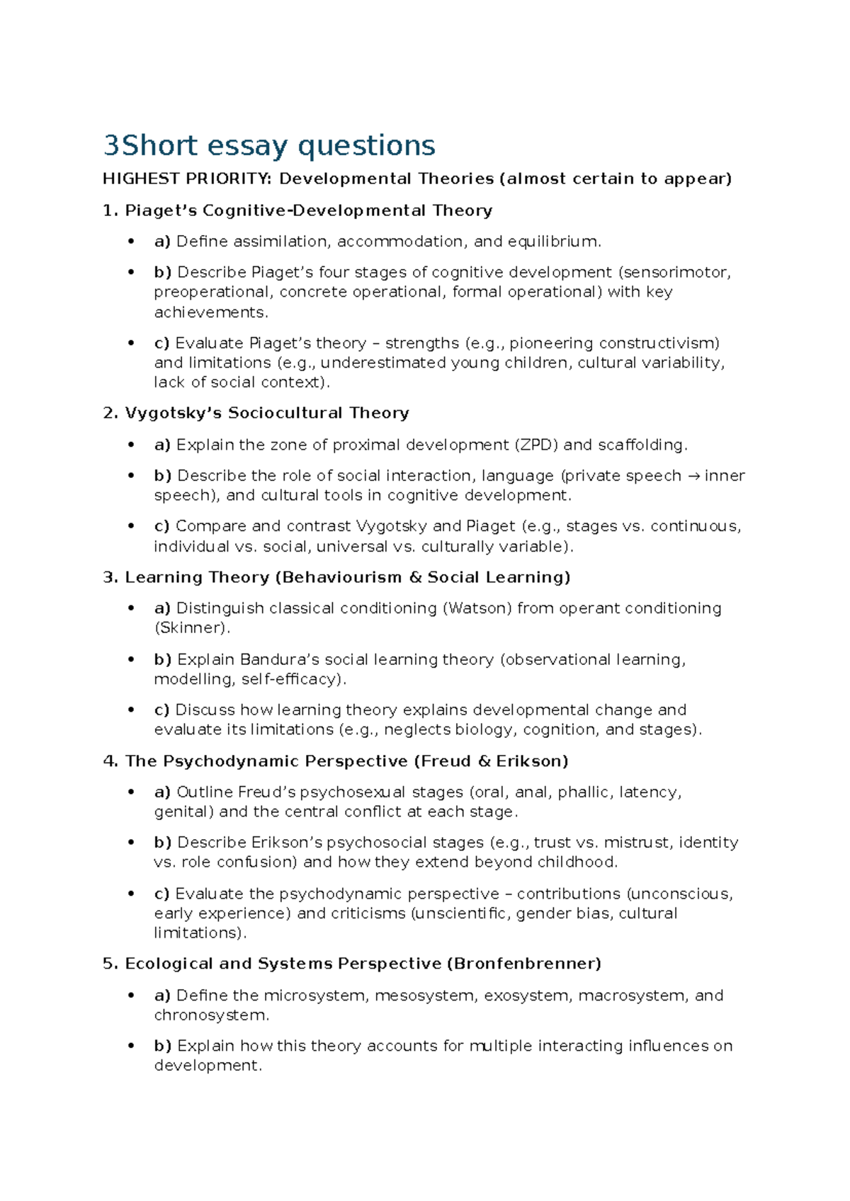 Developmental Theories: Short Essay Questions for PSY2013 - Studocu