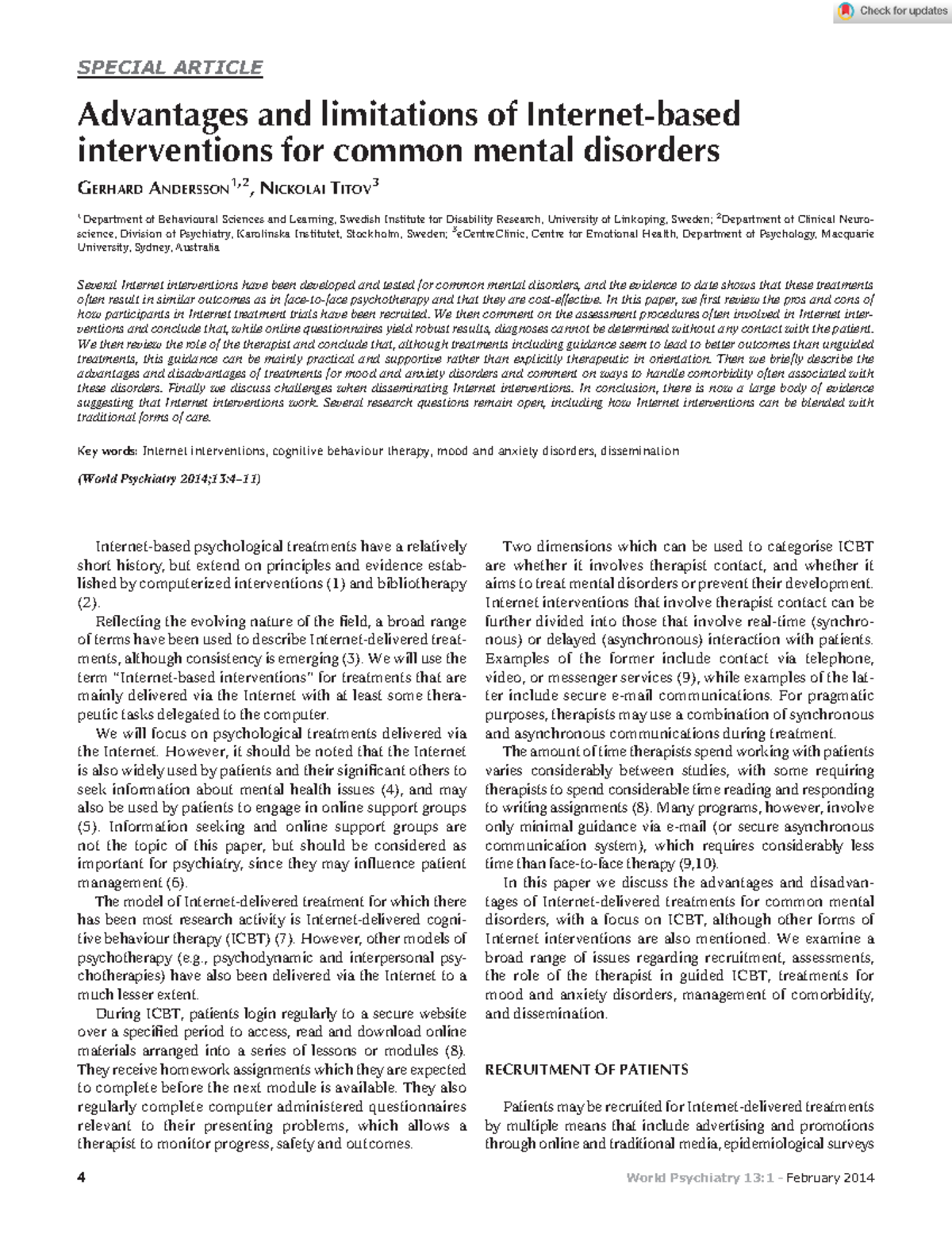 Advantages and Limitations of Internet-Based Interventions for Mental ...