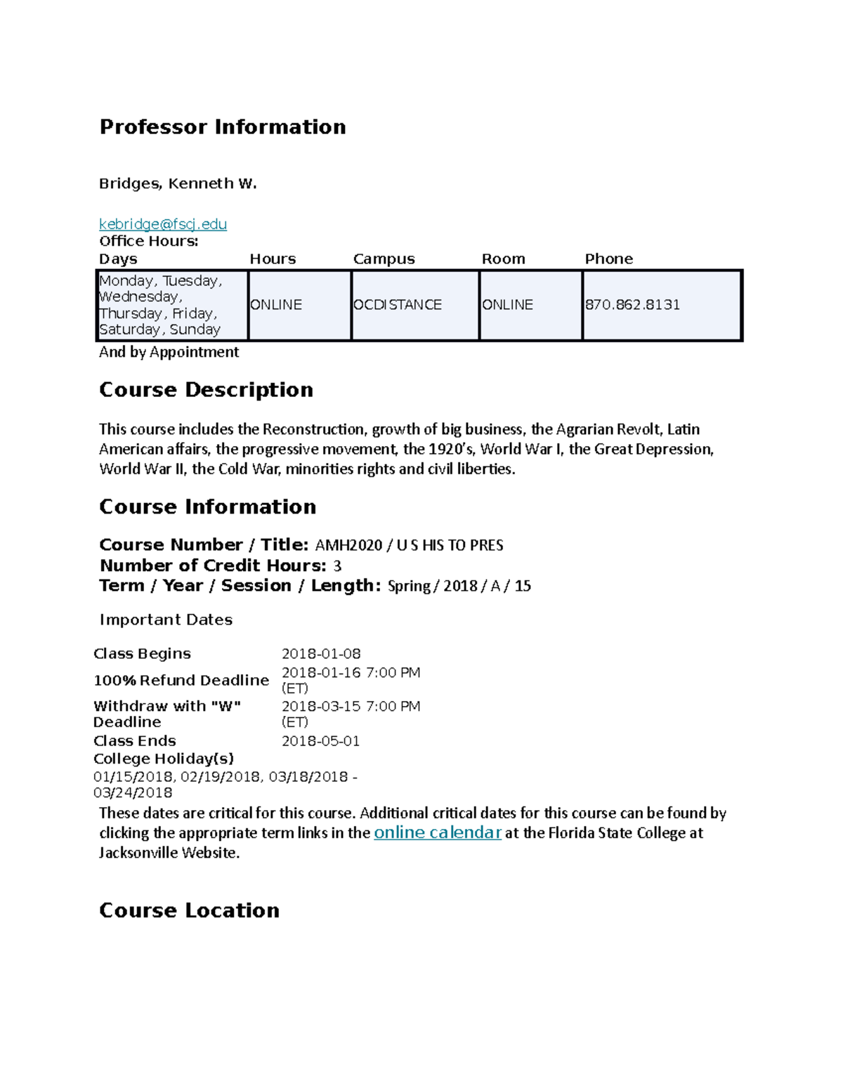 AMH2020 US History Syllabus: Key Dates & Course Info (Spring 2018 ...