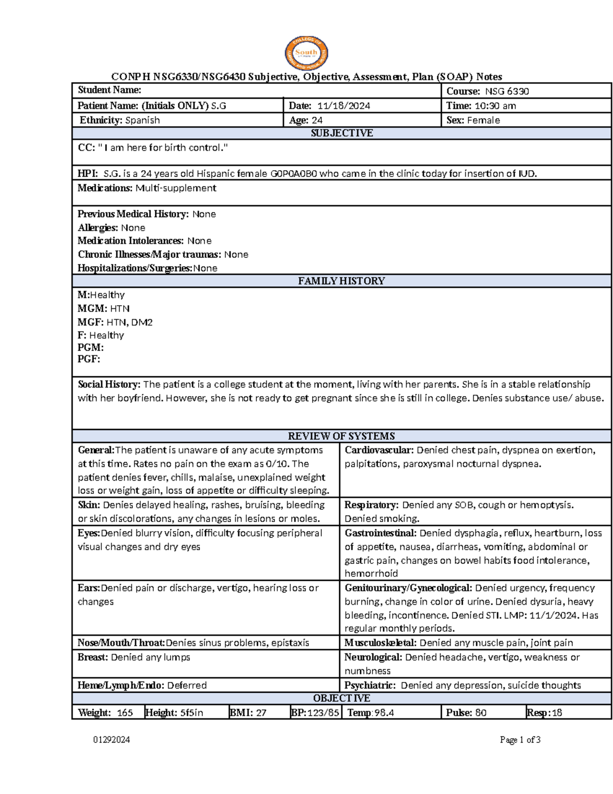 NSG6430 SOAP Notes for IUD Insertion - Patient Case Study - Studocu