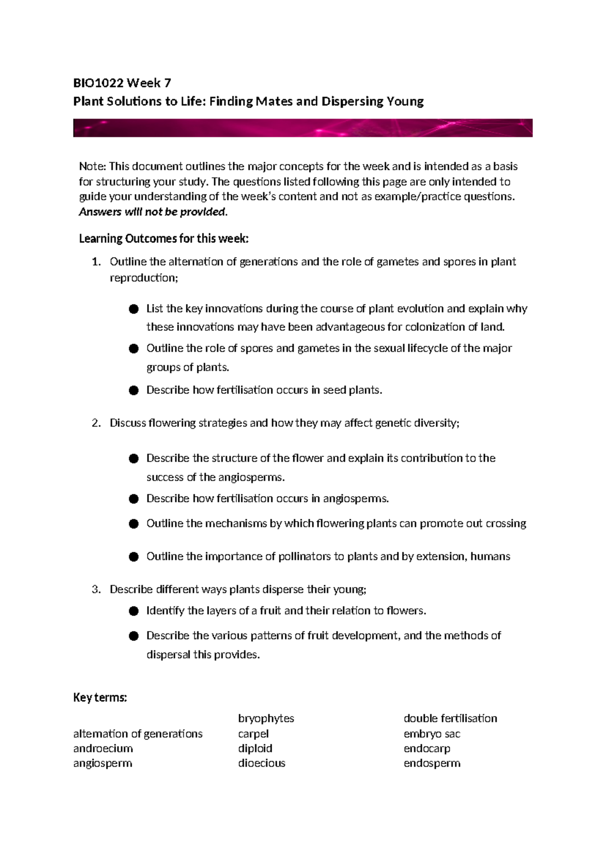 BIO1022 Week 7 Study Guide: Plant Reproduction & Dispersal Mechanisms ...