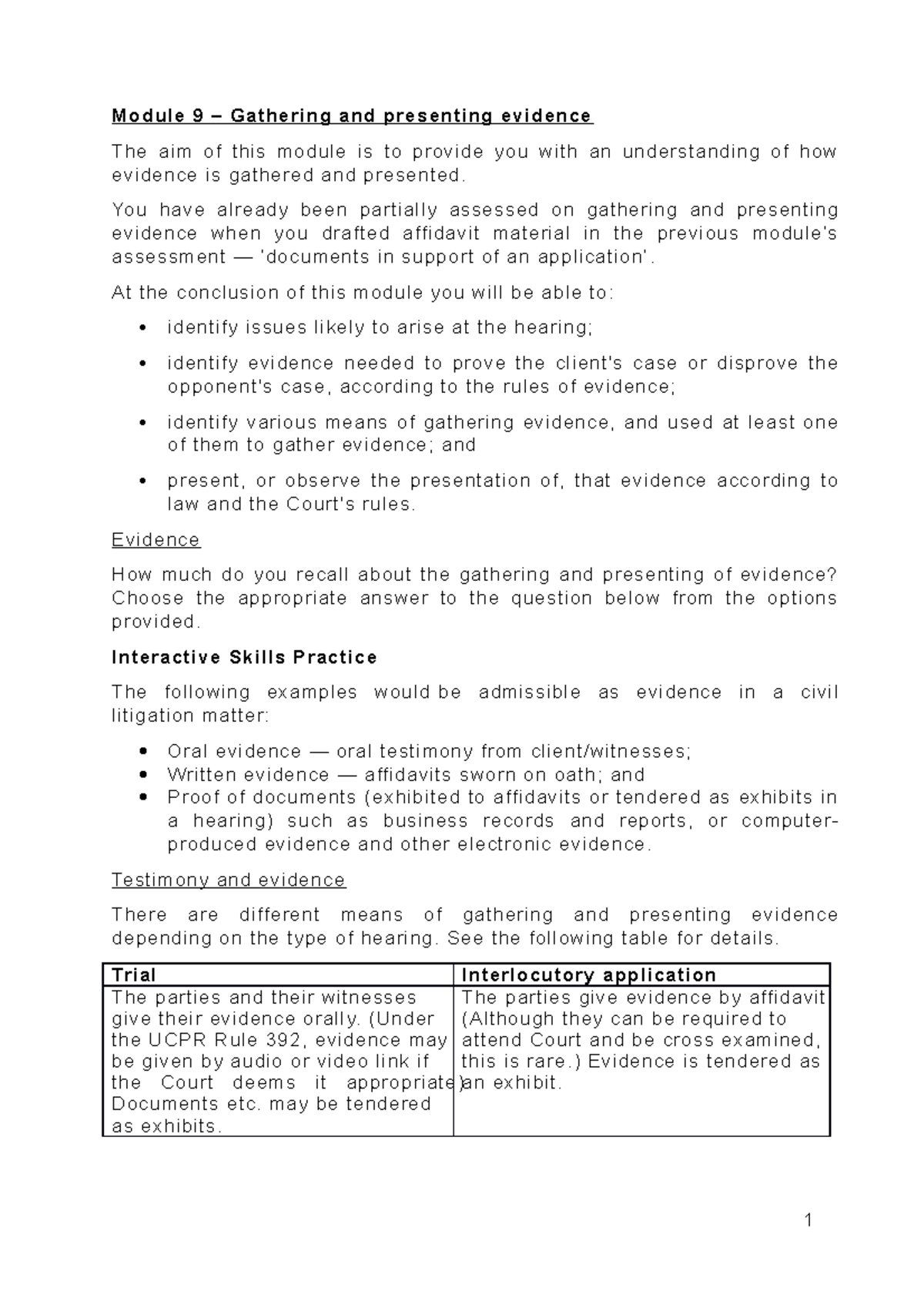 Module 9 - Gathering and presenting evidence - Module 9 – Gathering and ...