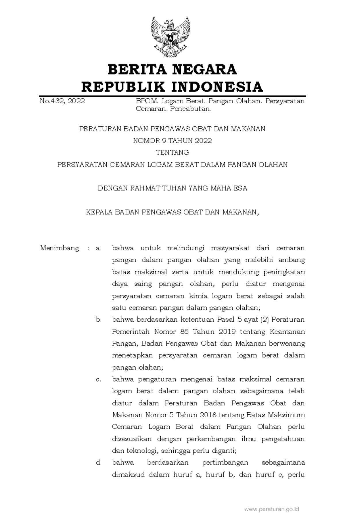 Peraturan BPOM No.9/2022 tentang Cemaran Logam Berat dalam Pangan ...