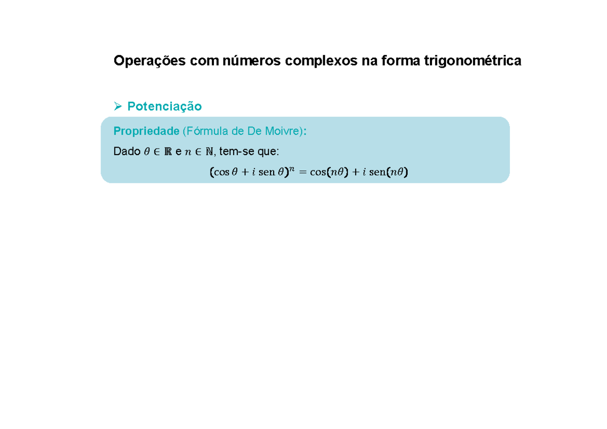 Resumo 3: Operações com Números Complexos e Fórmula de De Moivre - Studocu
