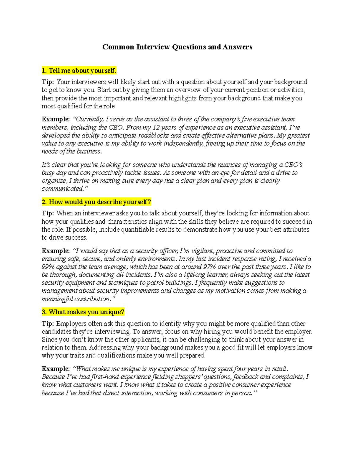 Common Interview Questions & Answers: Preparation Guide 1 - Studocu