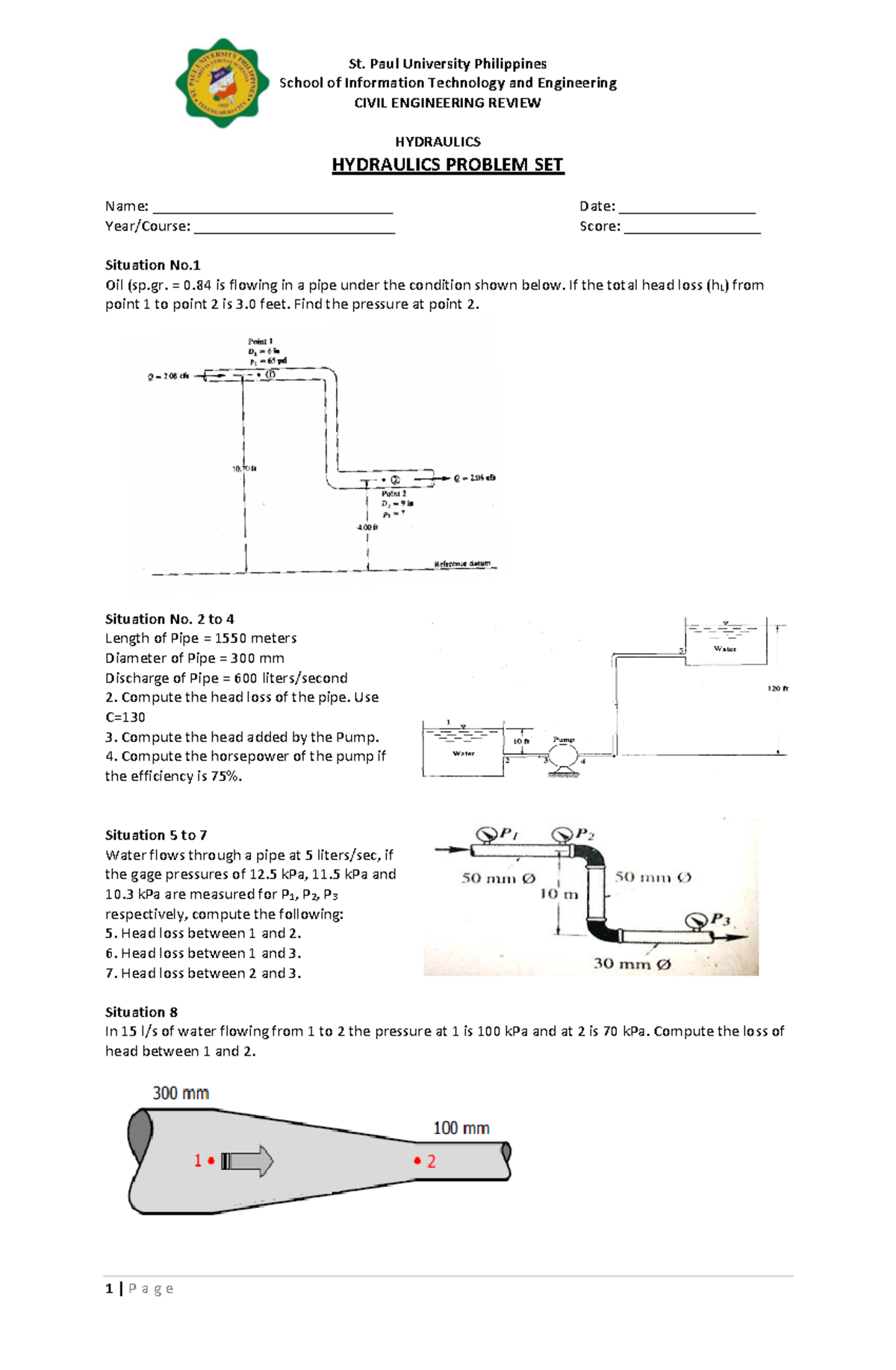 CIVIL ENG 101: Hydraulics Problem Set Review and Solutions - Studocu