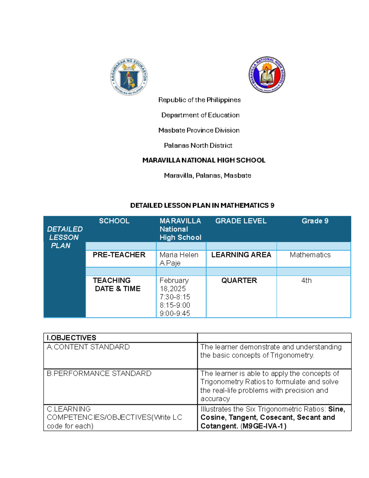 Detailed Lesson Plan in Mathematics 9: Understanding Trigonometric ...