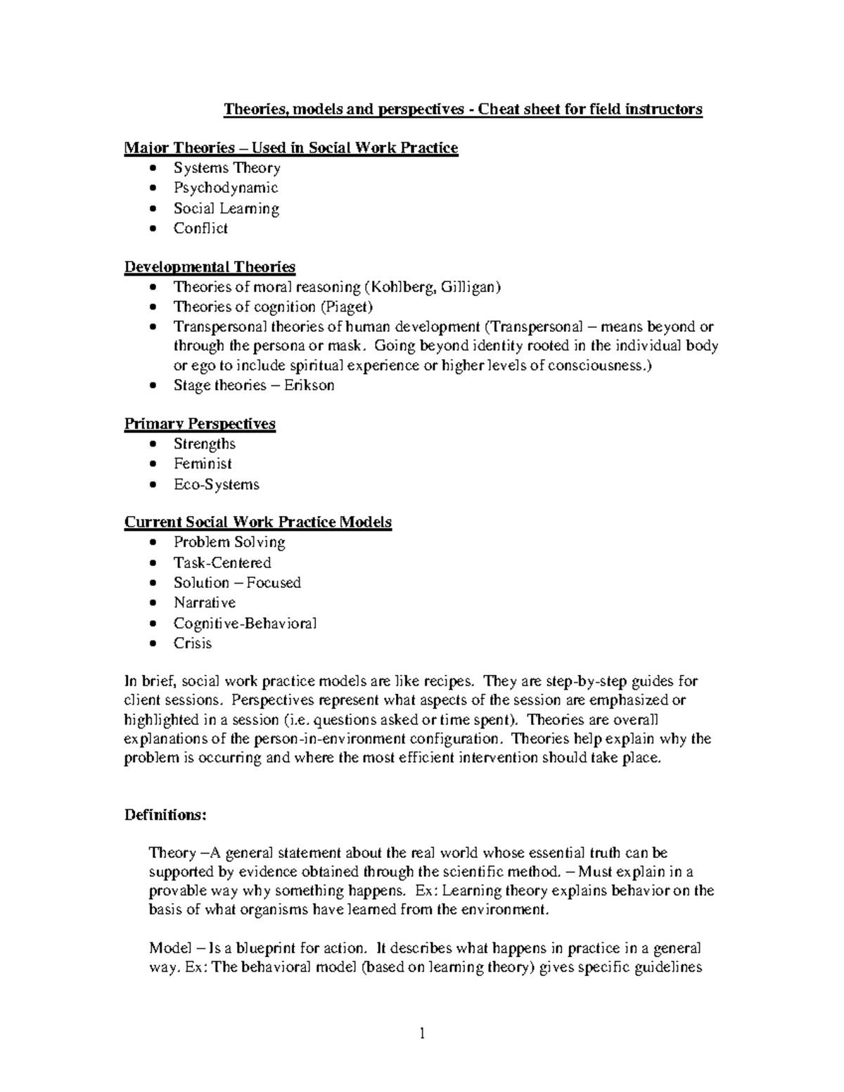 Social Work Theories Models Perspectives Cheat Sheet Sw 101 Studocu
