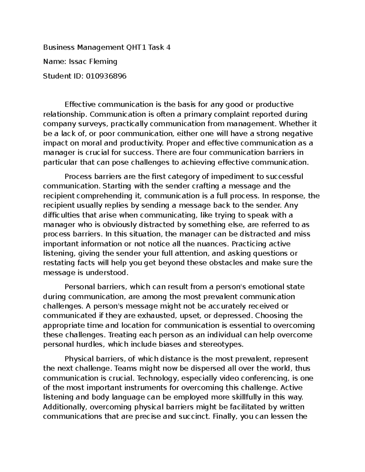 QHT1 Task 4 - Overcoming Communication Barriers in Business Management ...