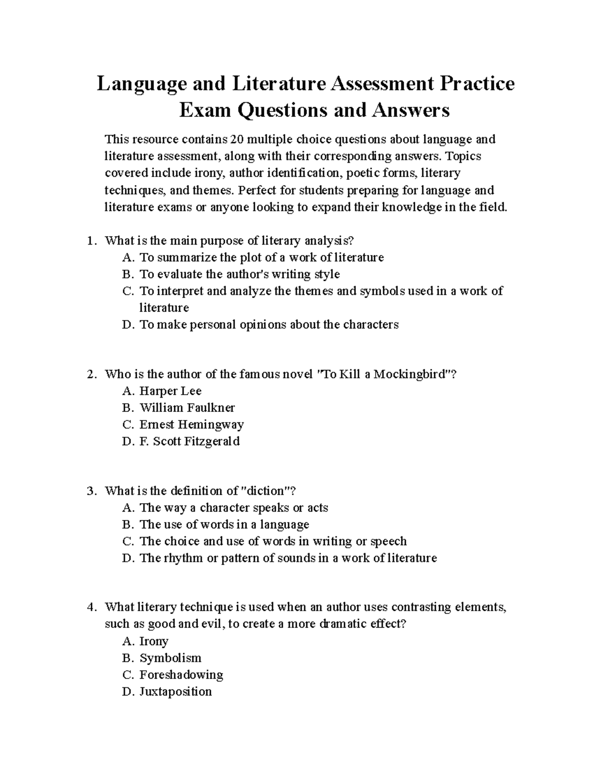 Language & Literature Assessment Practice Exam Q&A (20 Questions) - Studocu