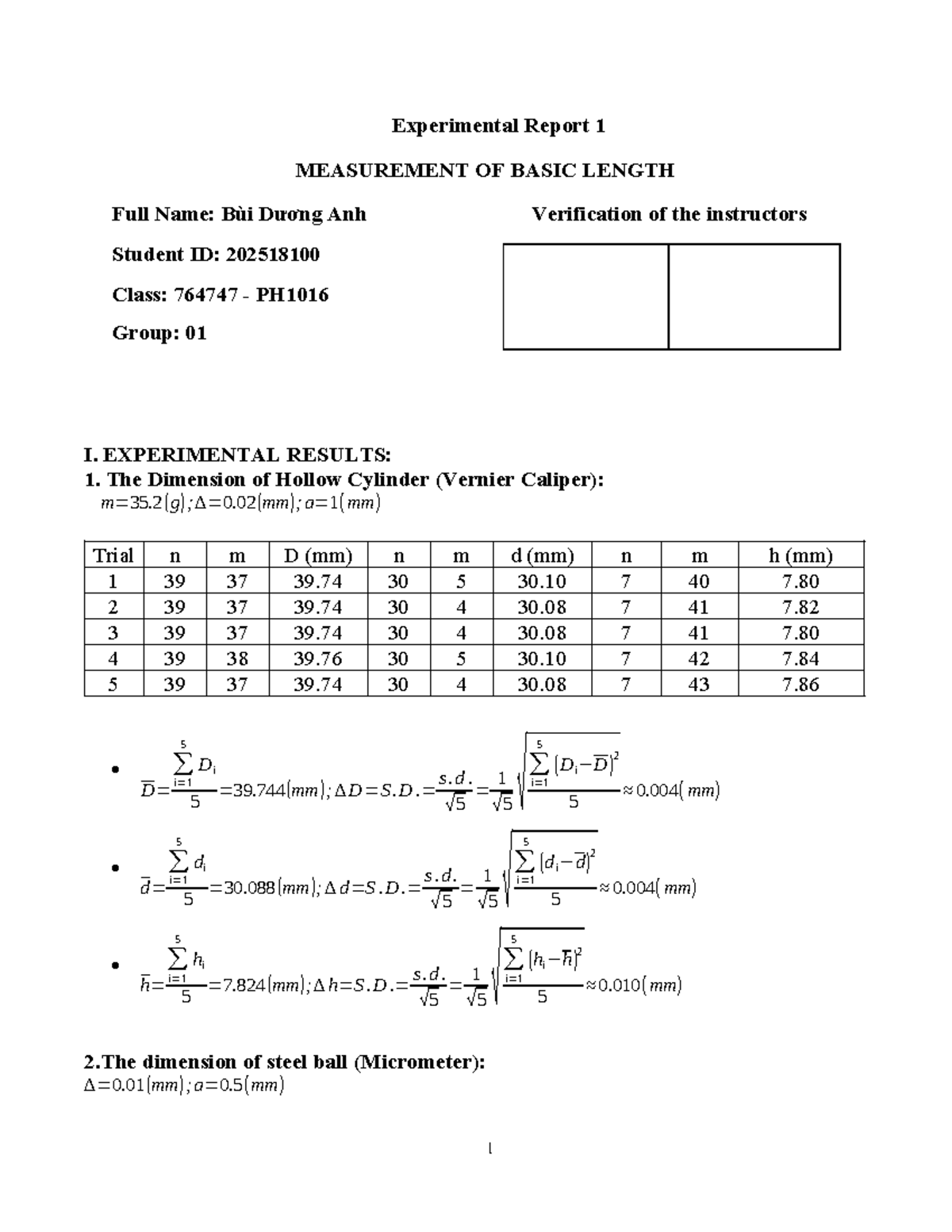 Report 1 PH1016 - Measurement of Basic Length by Dương Anh - Studocu