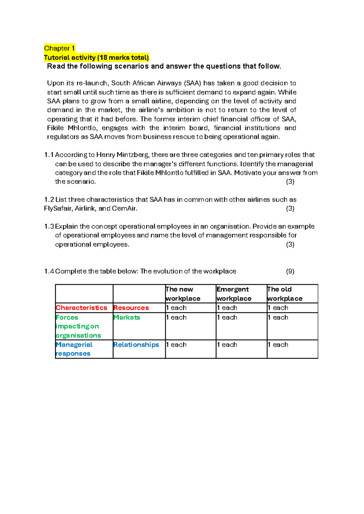 Chapter 1 Tutorial Activity: SAA Case Study Analysis (18 Marks) - Studocu