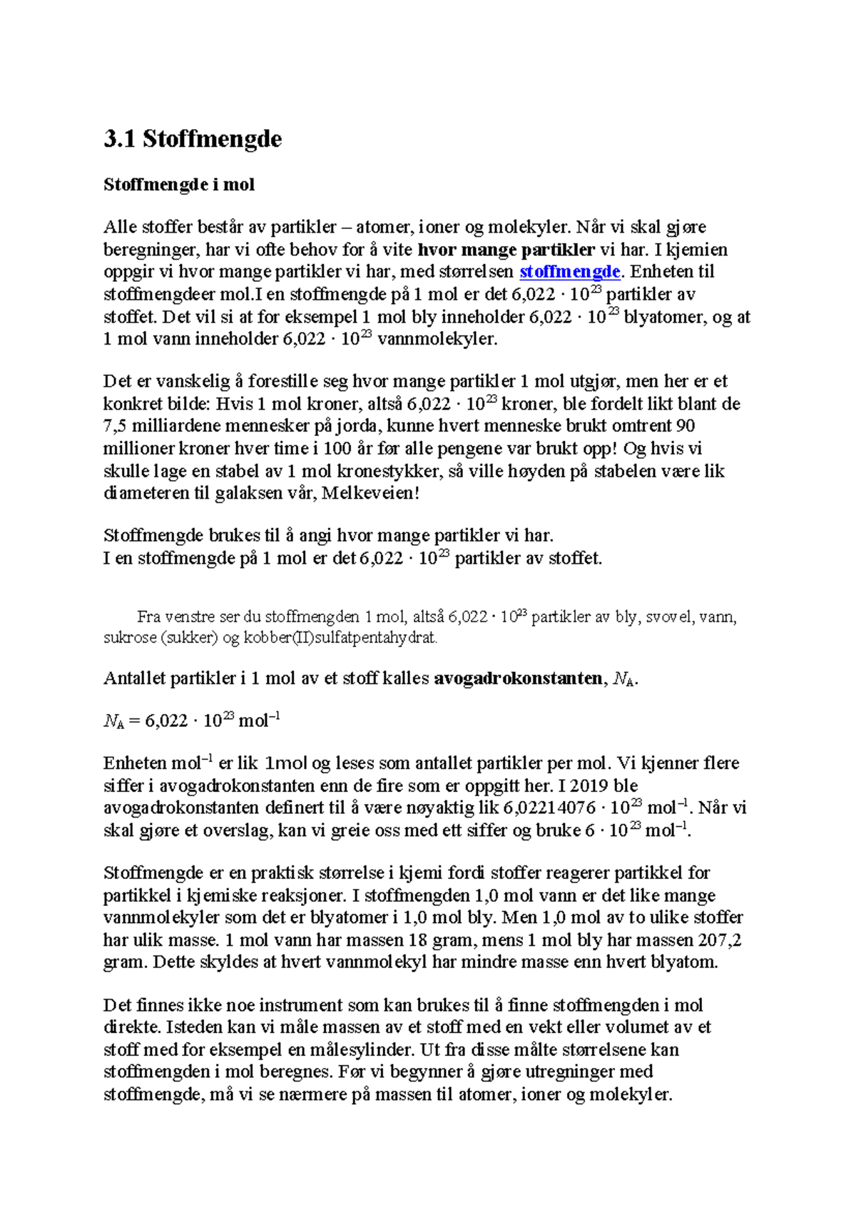 Stoffmengde og Beregninger i Kjemi: Kapitel 3-Studieguide - Studocu