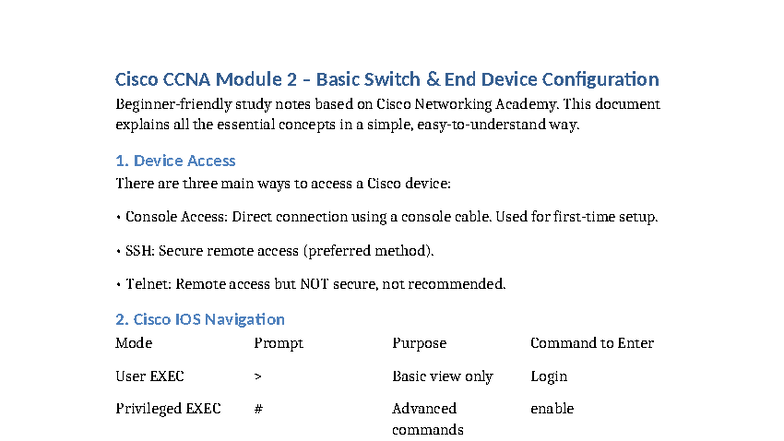 Cisco CCNA Module 2 Basic Switch Configuration Study Notes - Studocu